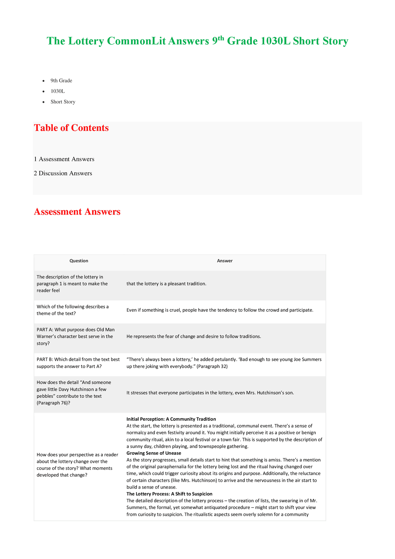 The Lottery CommonLit Answers 9th Grade 1030L Short Story – Complete ...