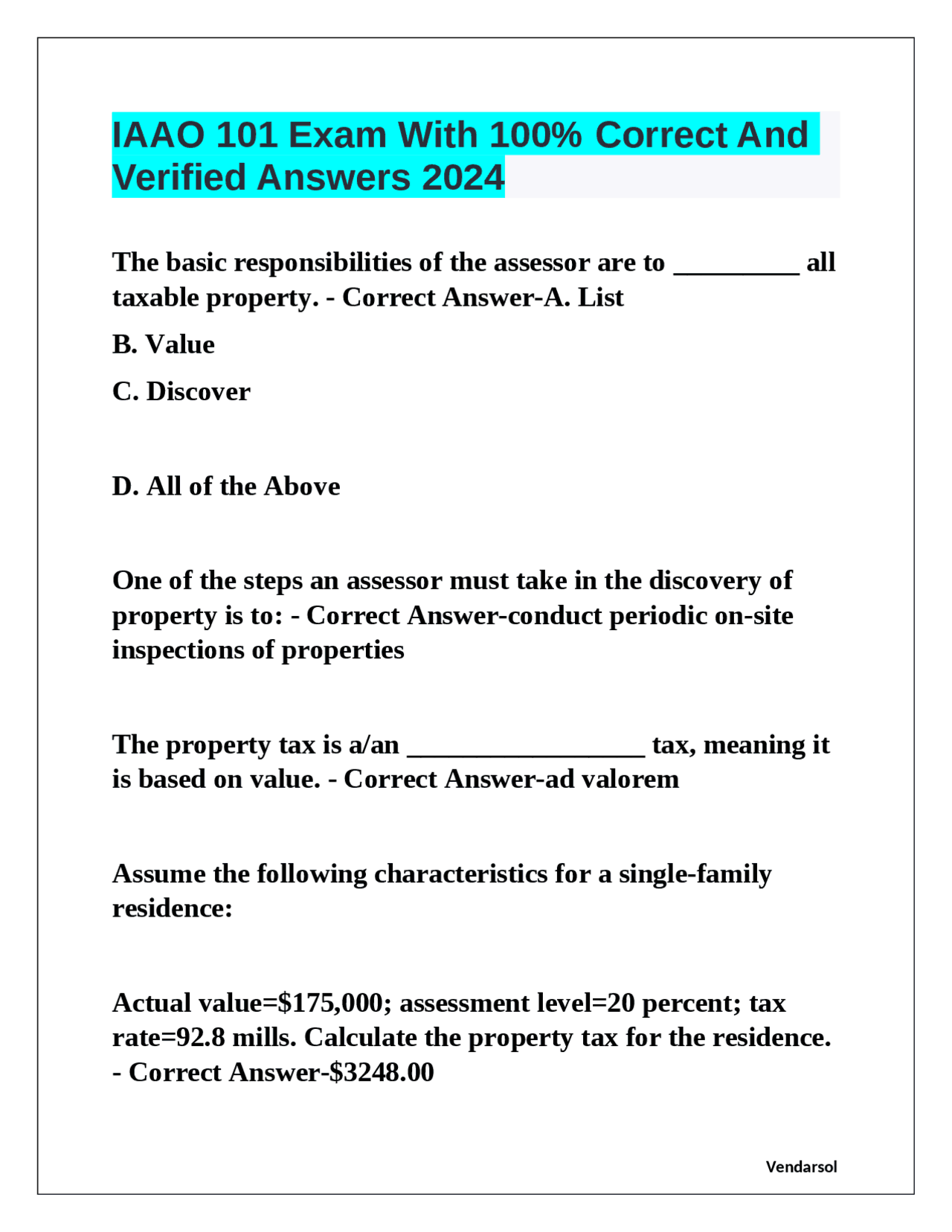 IAAO 101 Exam With 100% Correct And Verified Answers 2024 | Exams ...
