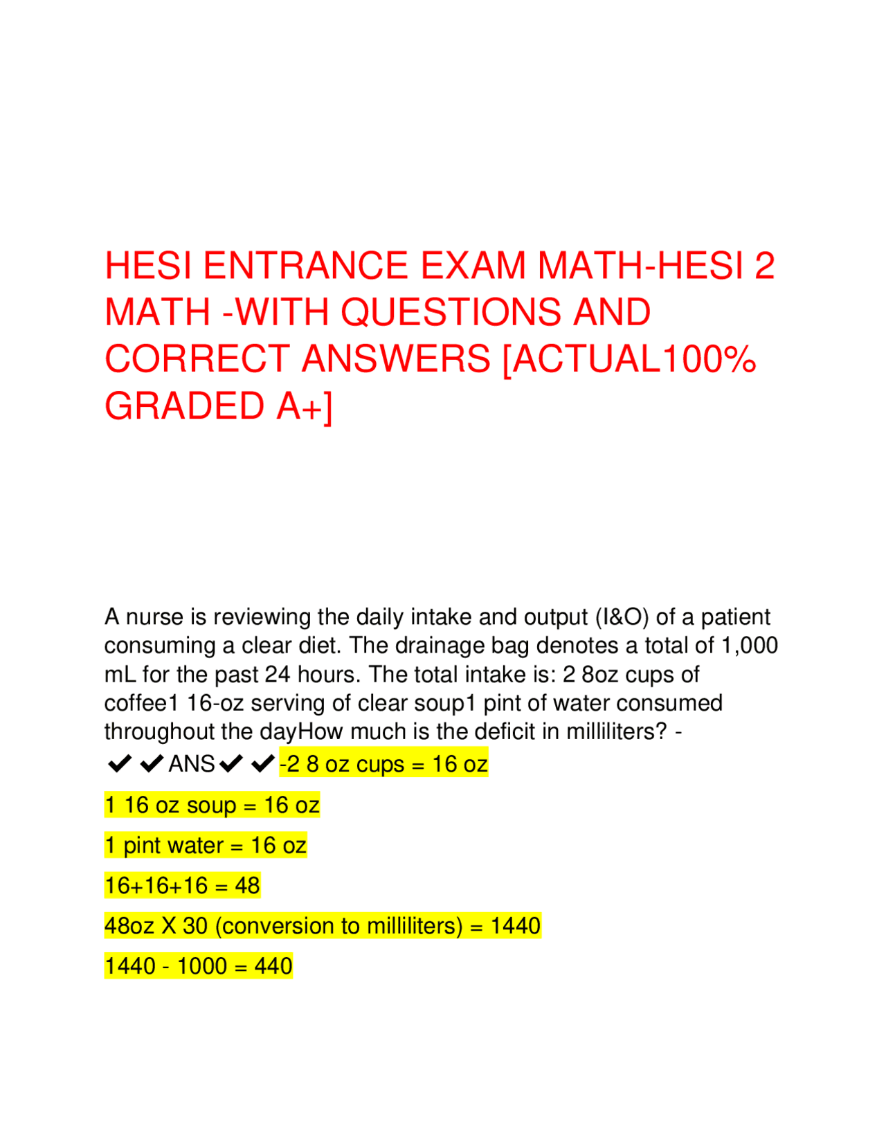 HESI ENTRANCE EXAM MATH-HESI 2 MATH -WITH QUESTIONS AND CORRECT ANSWERS ...