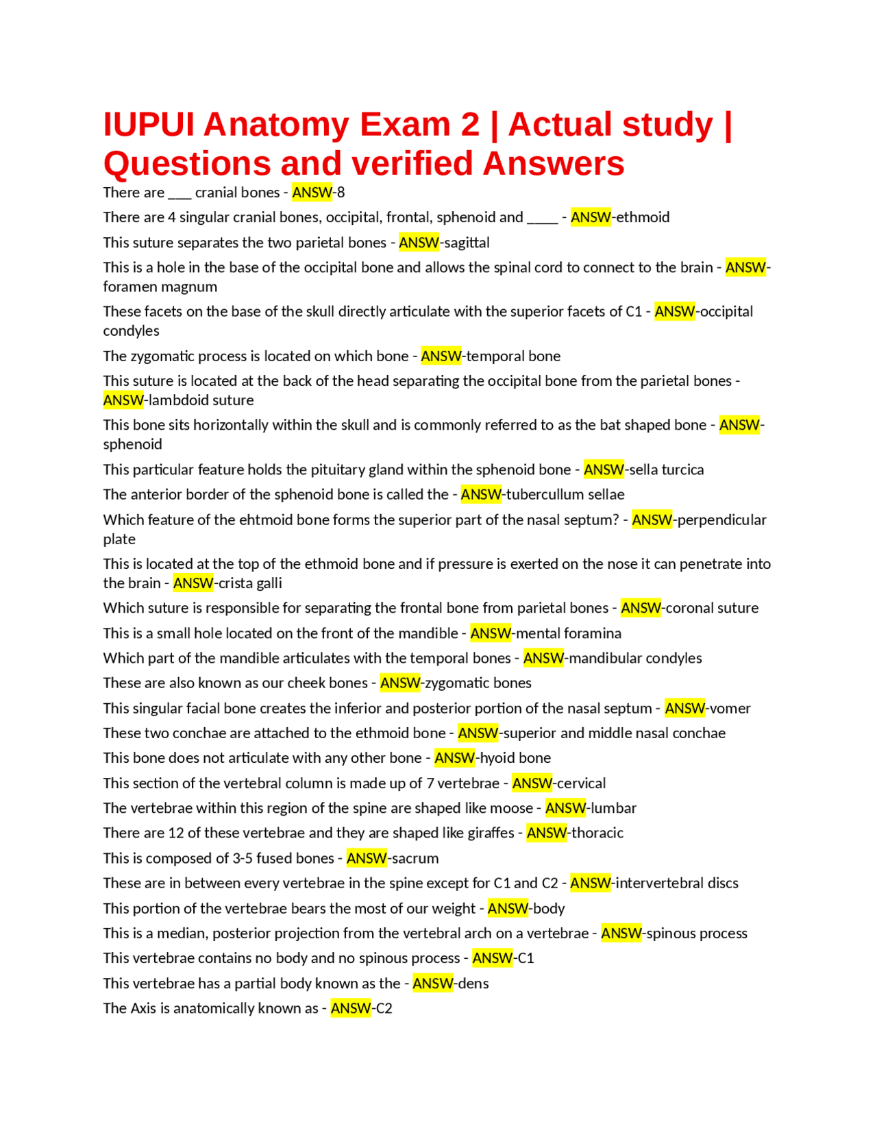 IUPUI Anatomy Exam 2 | Actual study | Questions and verified Answers ...