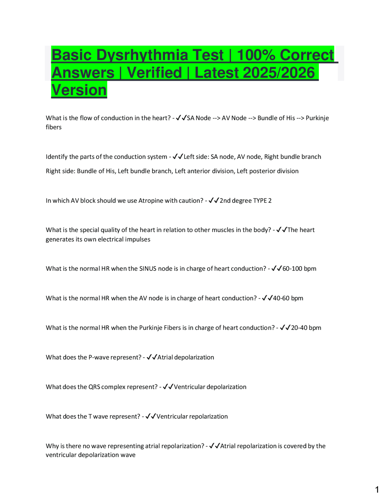 Basic Dysrhythmia Test | 100% Correct Answers | Verified | Latest 2025/ ...