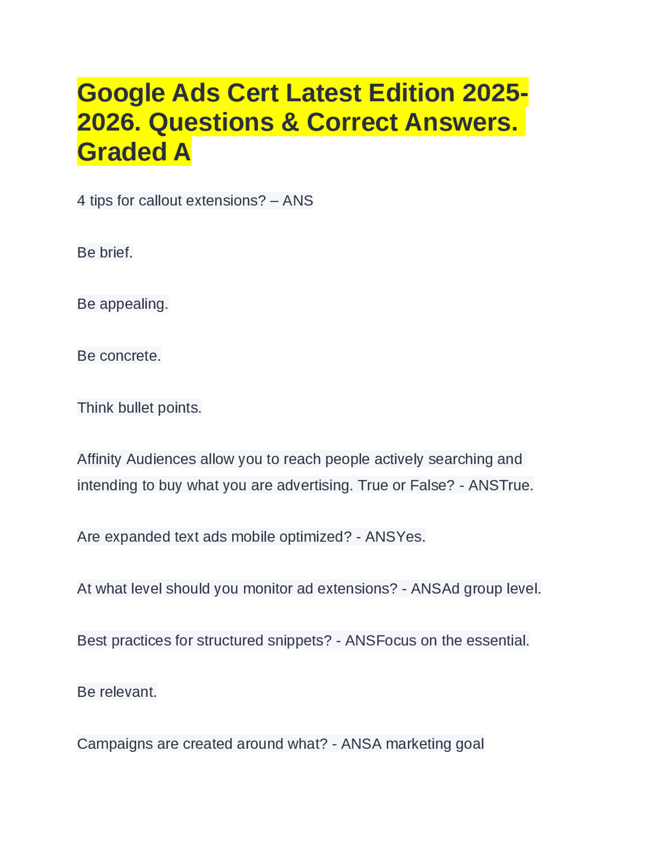 Google Ads Cert Latest Edition 2025-2026. Questions & Correct Answers ...