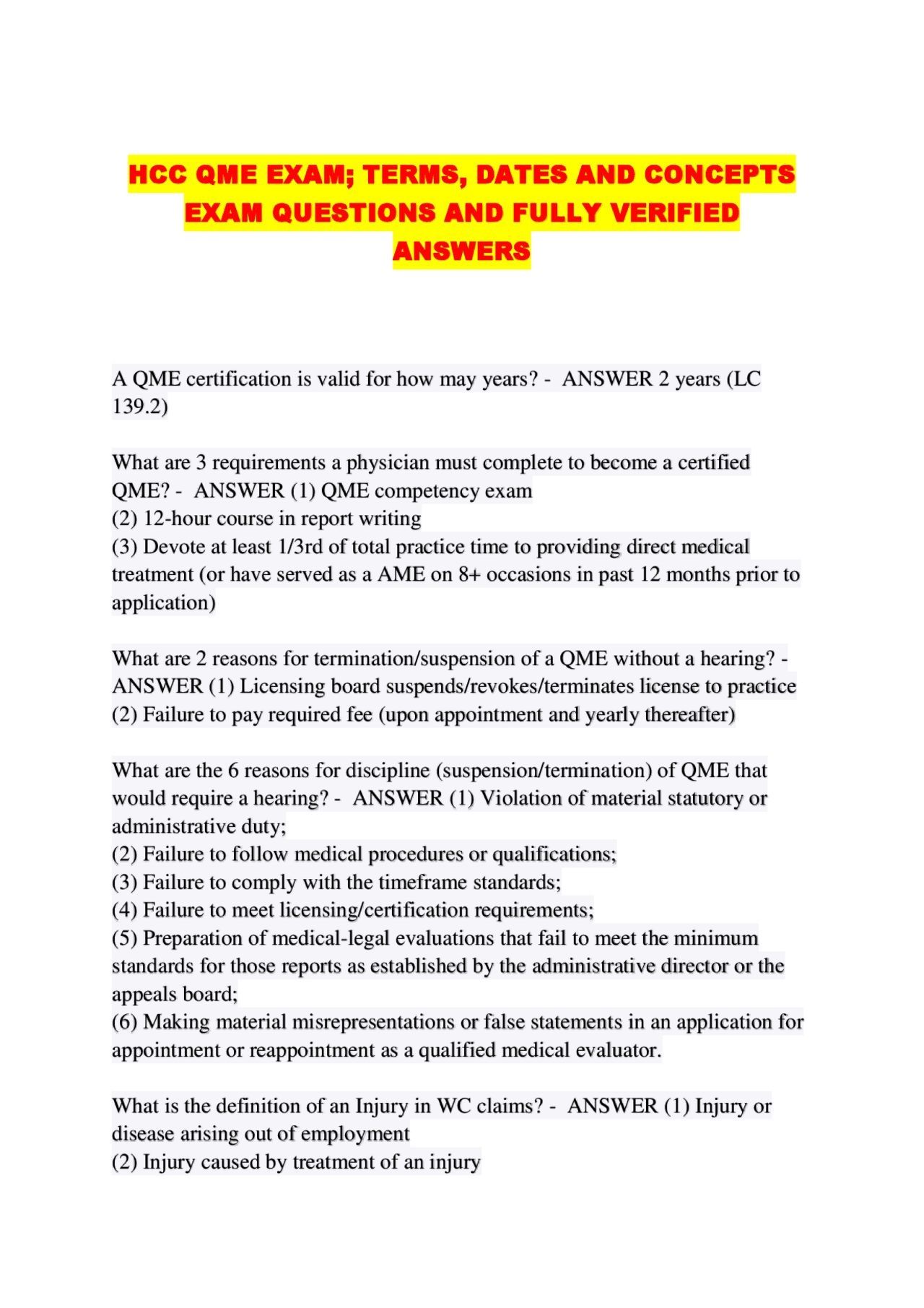 HCC QME EXAM; TERMS, DATES AND CONCEPTS EXAM QUESTIONS AND FULLY ...