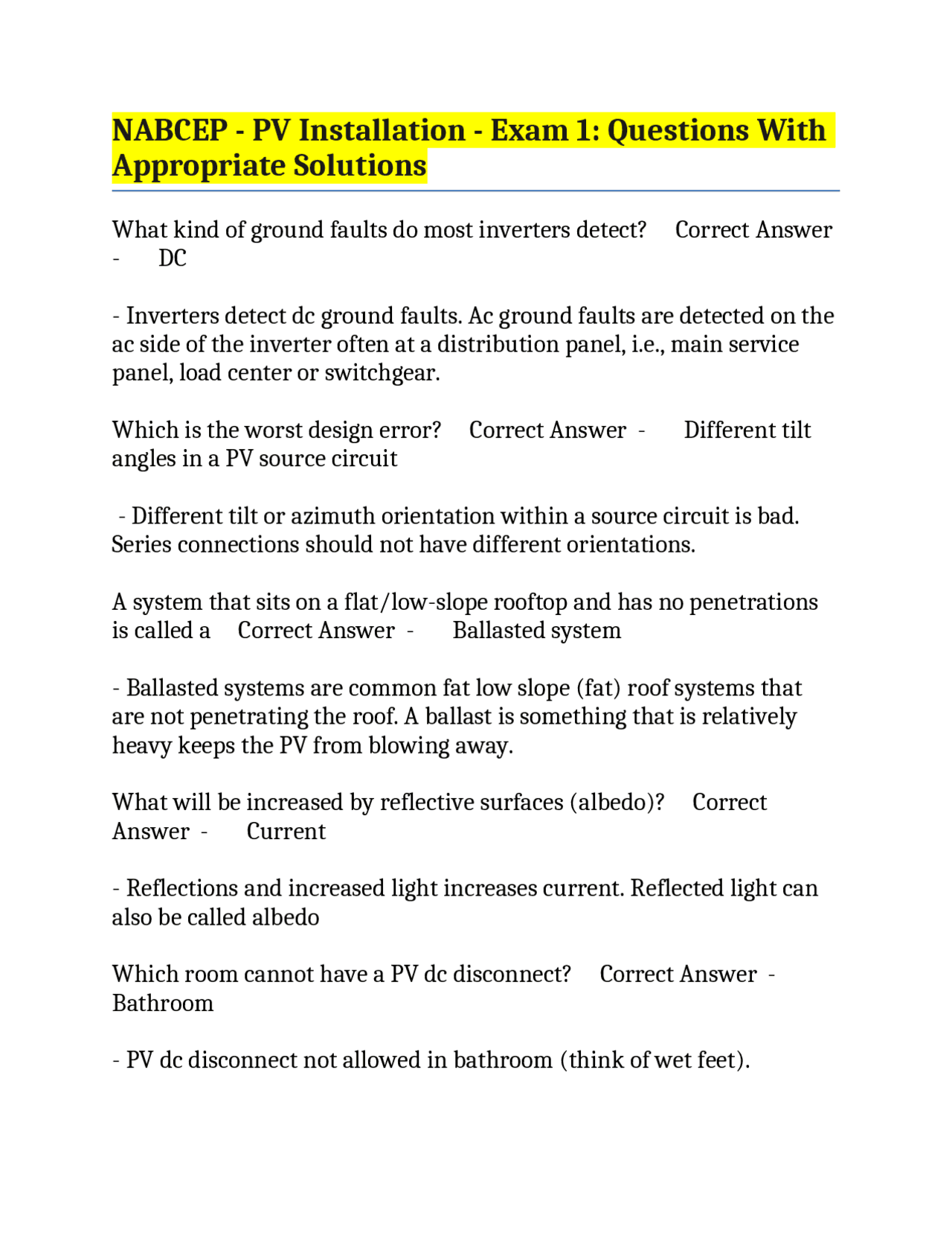 Nabcep Pv Installation Exam 1 Questions And Solutions Exams Nursing Docsity