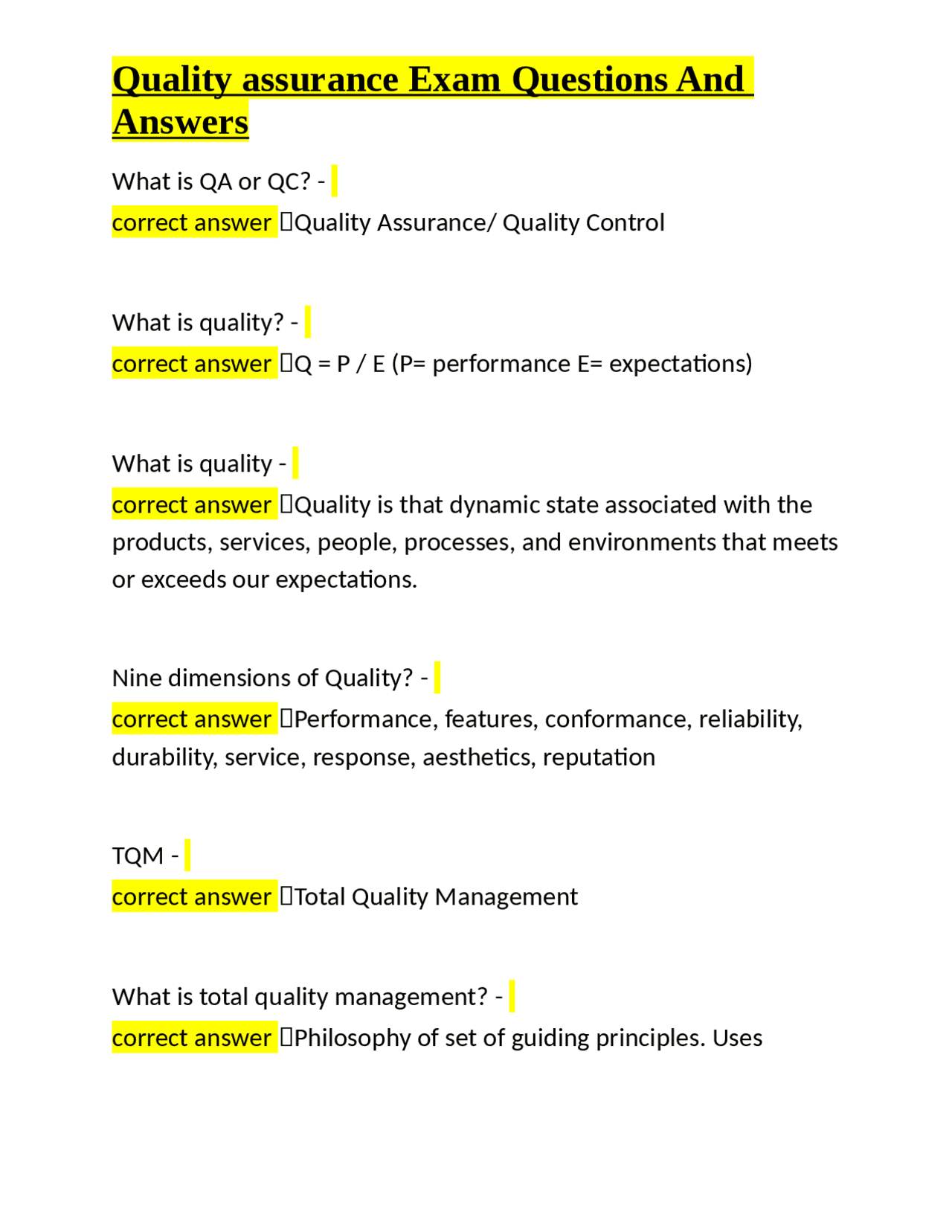 Quality assurance Exam Questions And Answers | Exams Pest Management ...