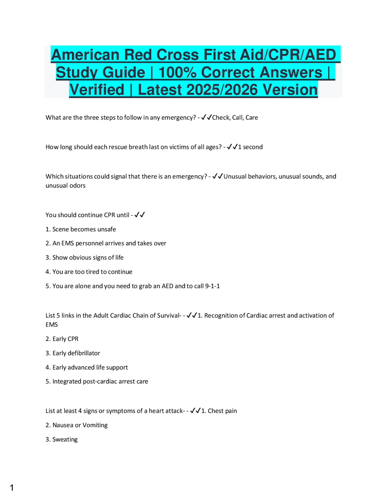 American Red Cross First Aid/CPR/AED Study Guide | 100% Correct Answers ...