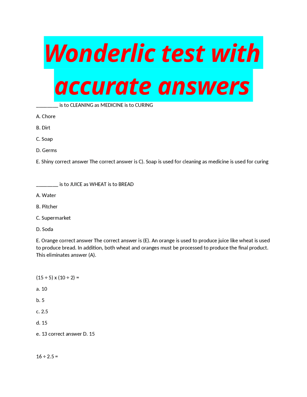 Wonderlic test with accurate answers | Exams Literature | Docsity