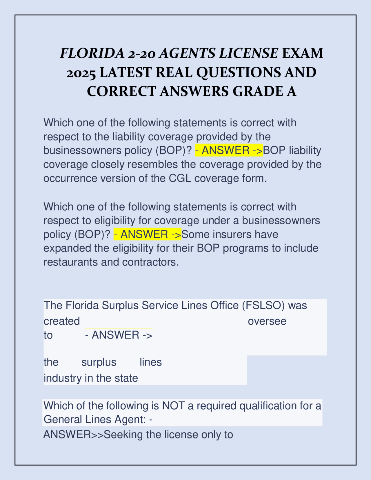 Florida 2-20 Agent License Exam 2025 – Latest Real Questions and ...