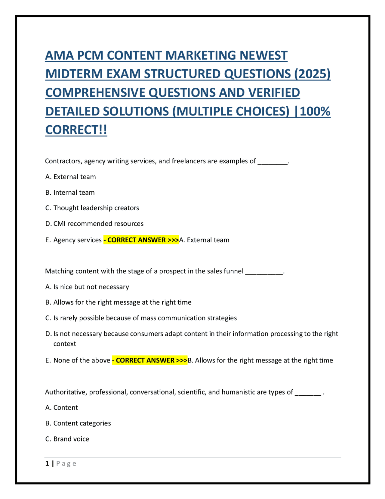 AMA PCM CONTENT MARKETING NEWEST MIDTERM EXAM 2025 | Exams Nursing ...
