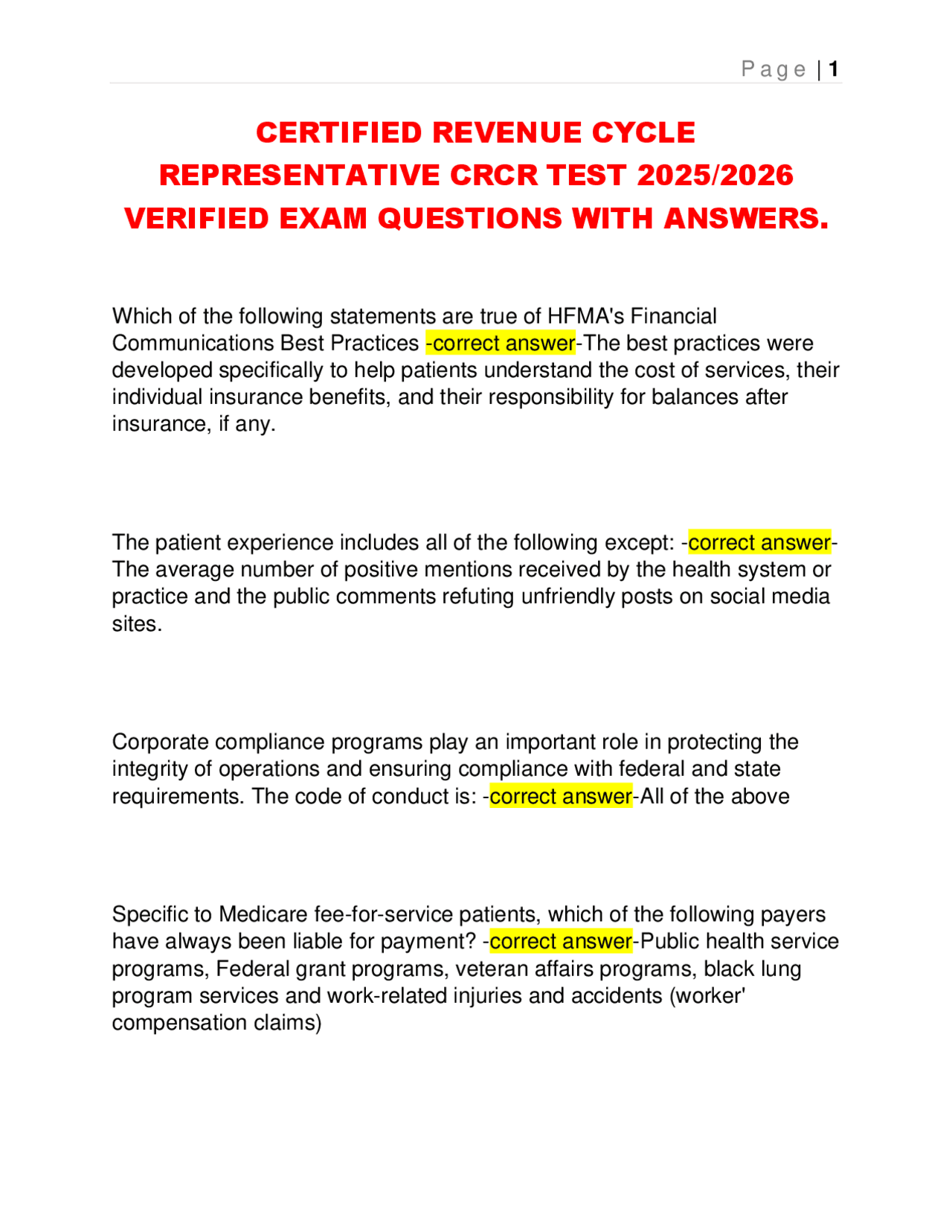 CERTIFIED REVENUE CYCLE REPRESENTATIVE CRCR TEST 2025/2026 VERIFIED ...