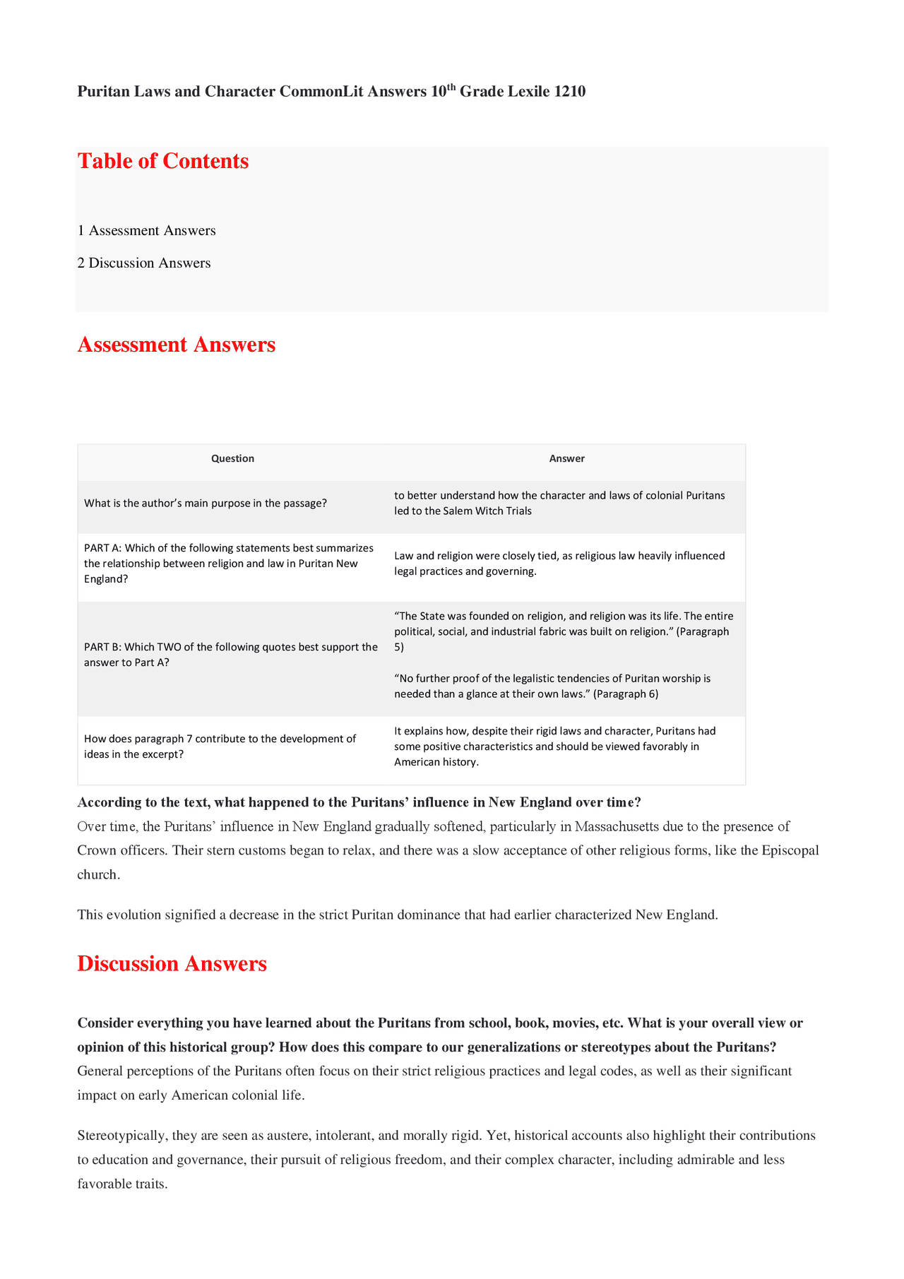 Puritan Laws and Character CommonLit Answers 10th Grade Lexile 1210 ...