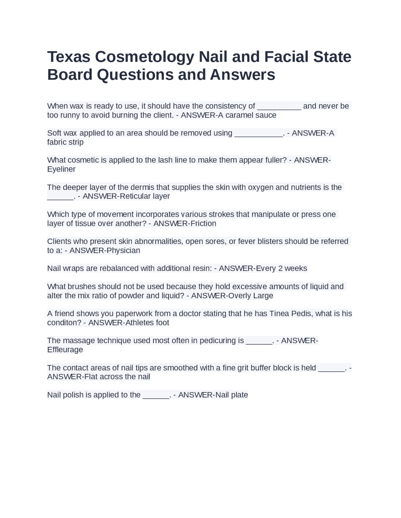 Texas Cosmetology Nail and Facial State Board Questions and Answers ...