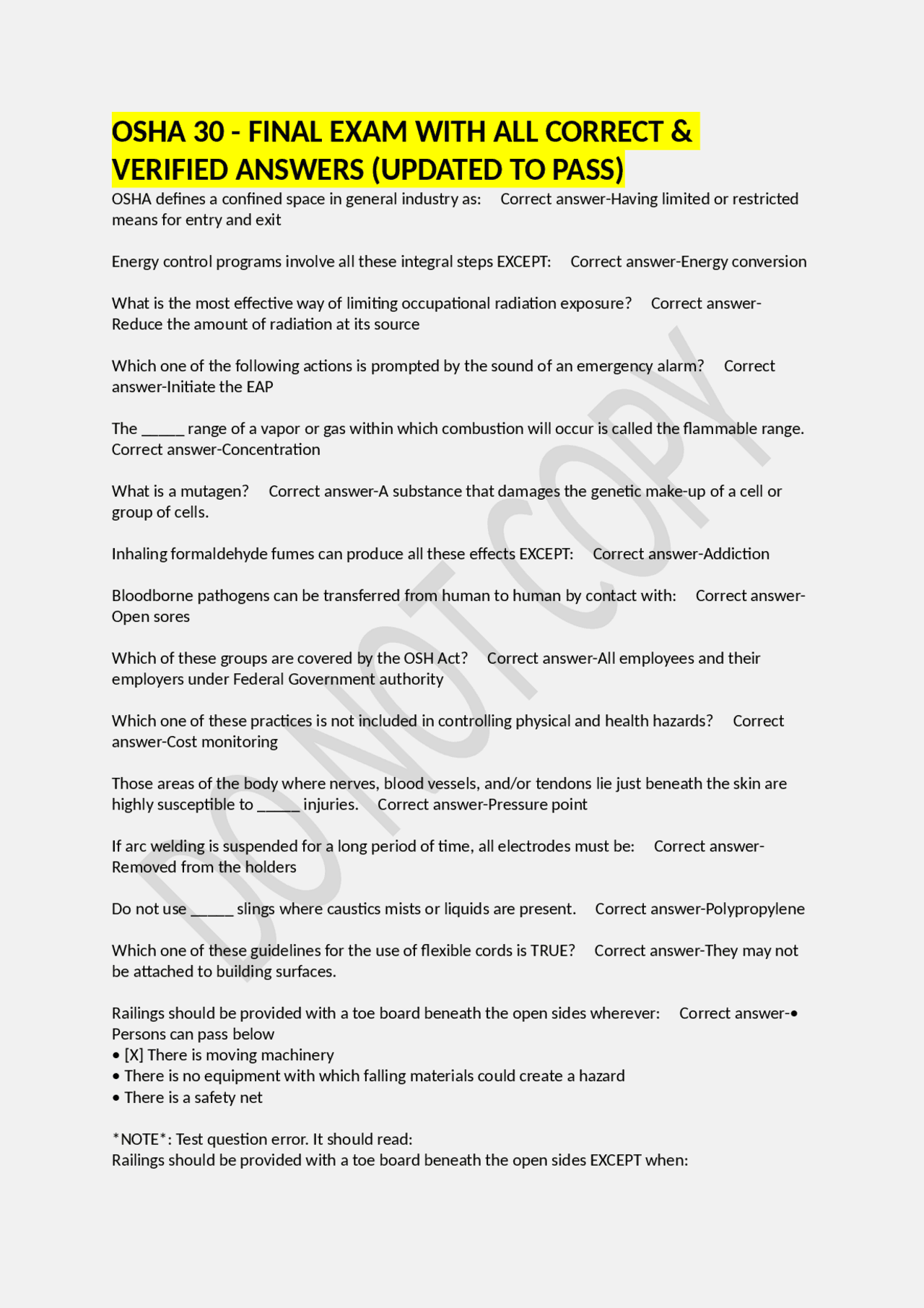 OSHA 30 - FINAL EXAM WITH ALL CORRECT & VERIFIED ANSWERS (UPDATED TO ...
