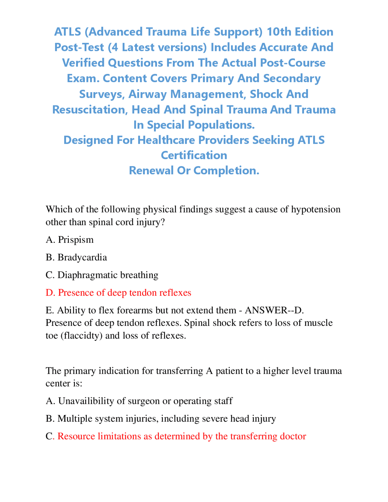 ATLS (Advanced Trauma Life Support) 10th Edition Post-Test (4 Latest ...