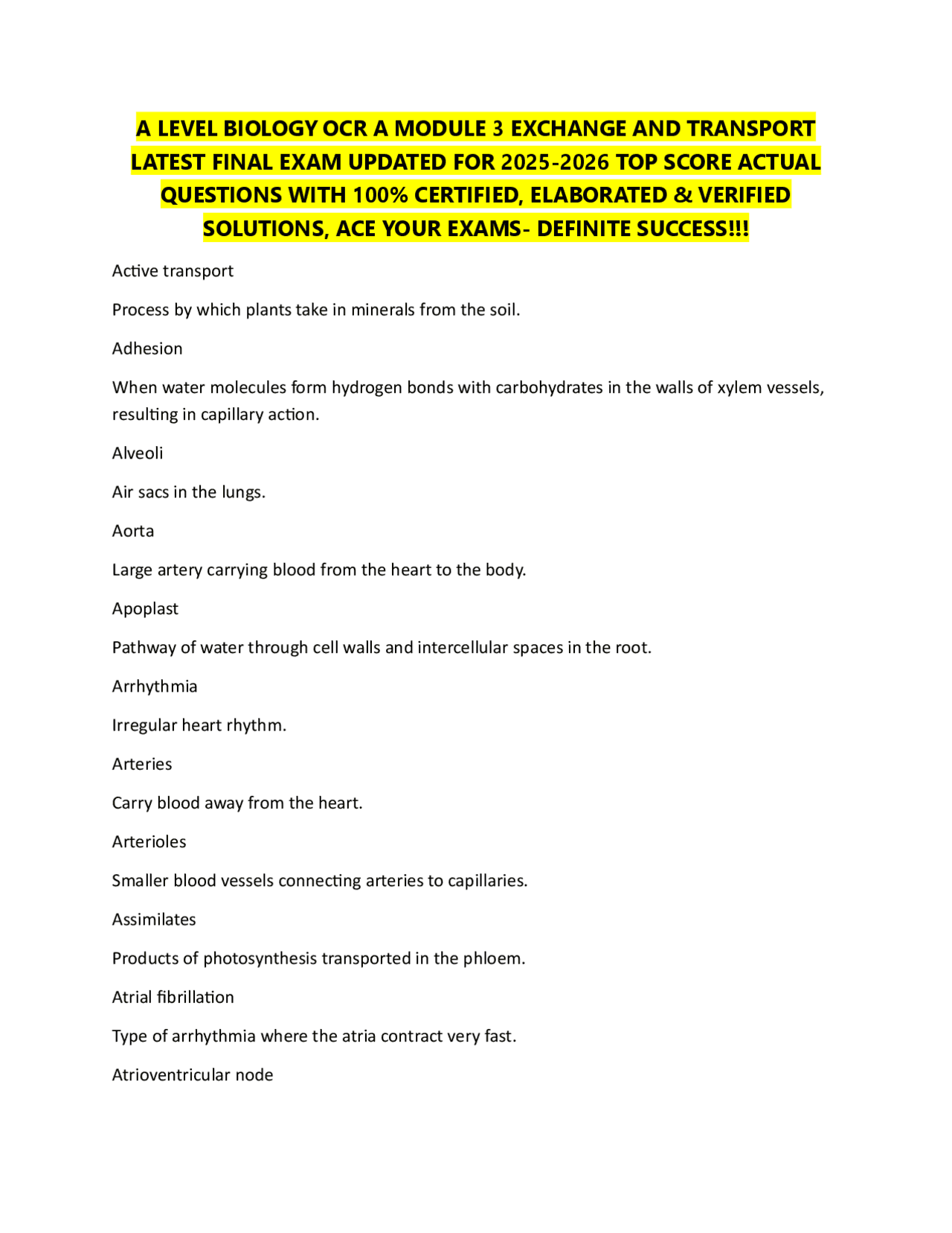 A LEVEL BIOLOGY OCR A MODULE 3 EXCHANGE AND TRANSPORT LATEST FINAL EXAM ...