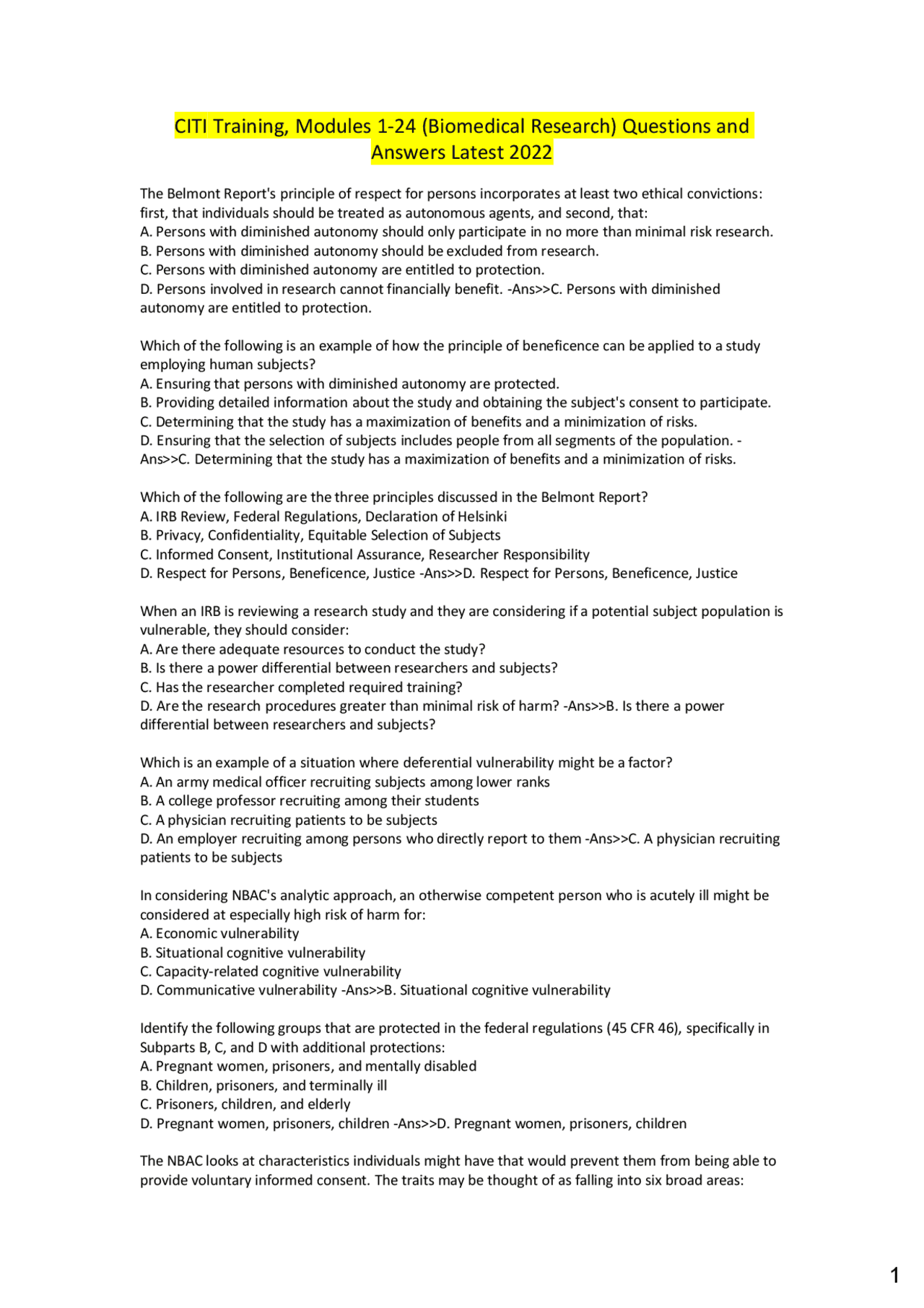 CITI Training, Modules 1-24 (Biomedical Research) Questions and Answers ...