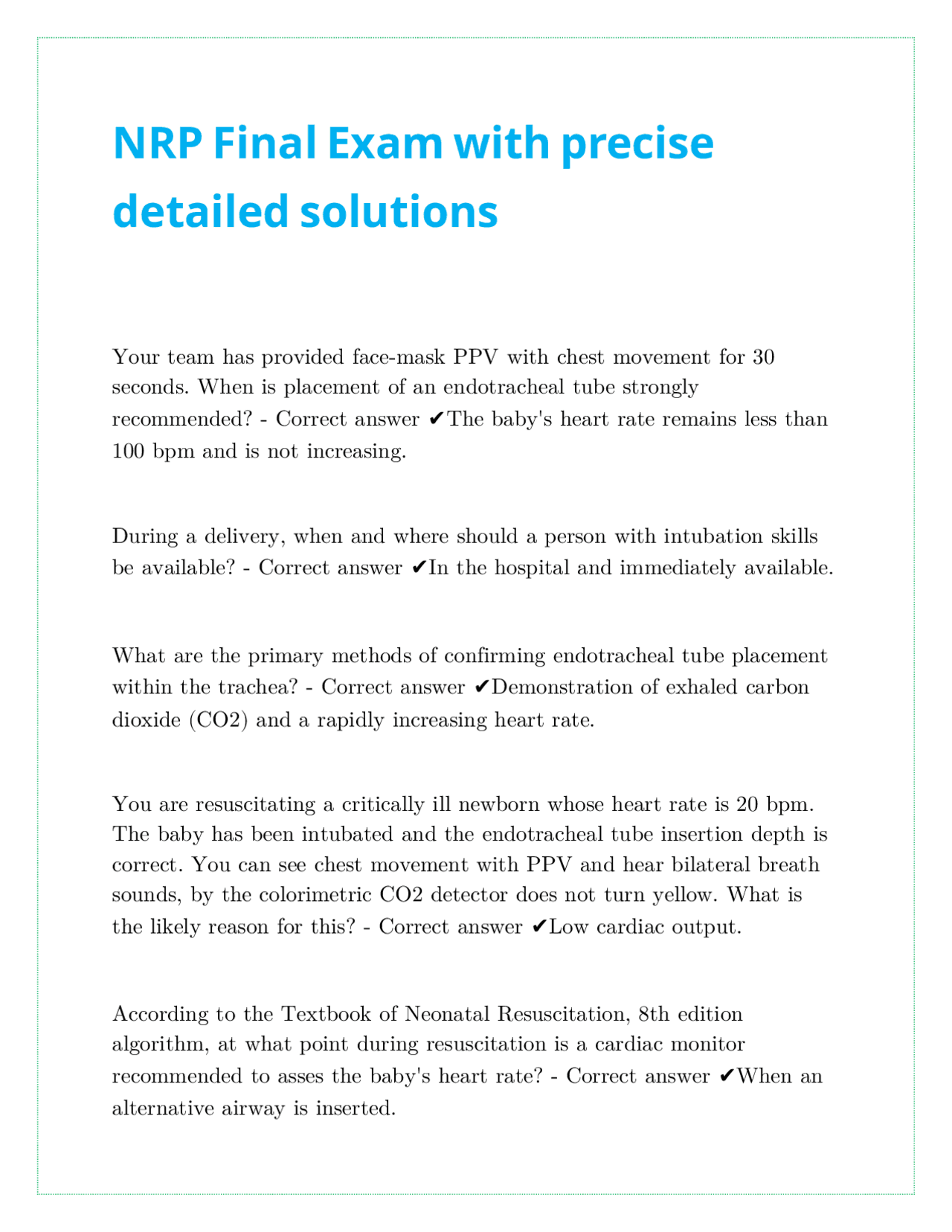 NRP Final Exam with precise detailed solutions | Exams Medicine | Docsity