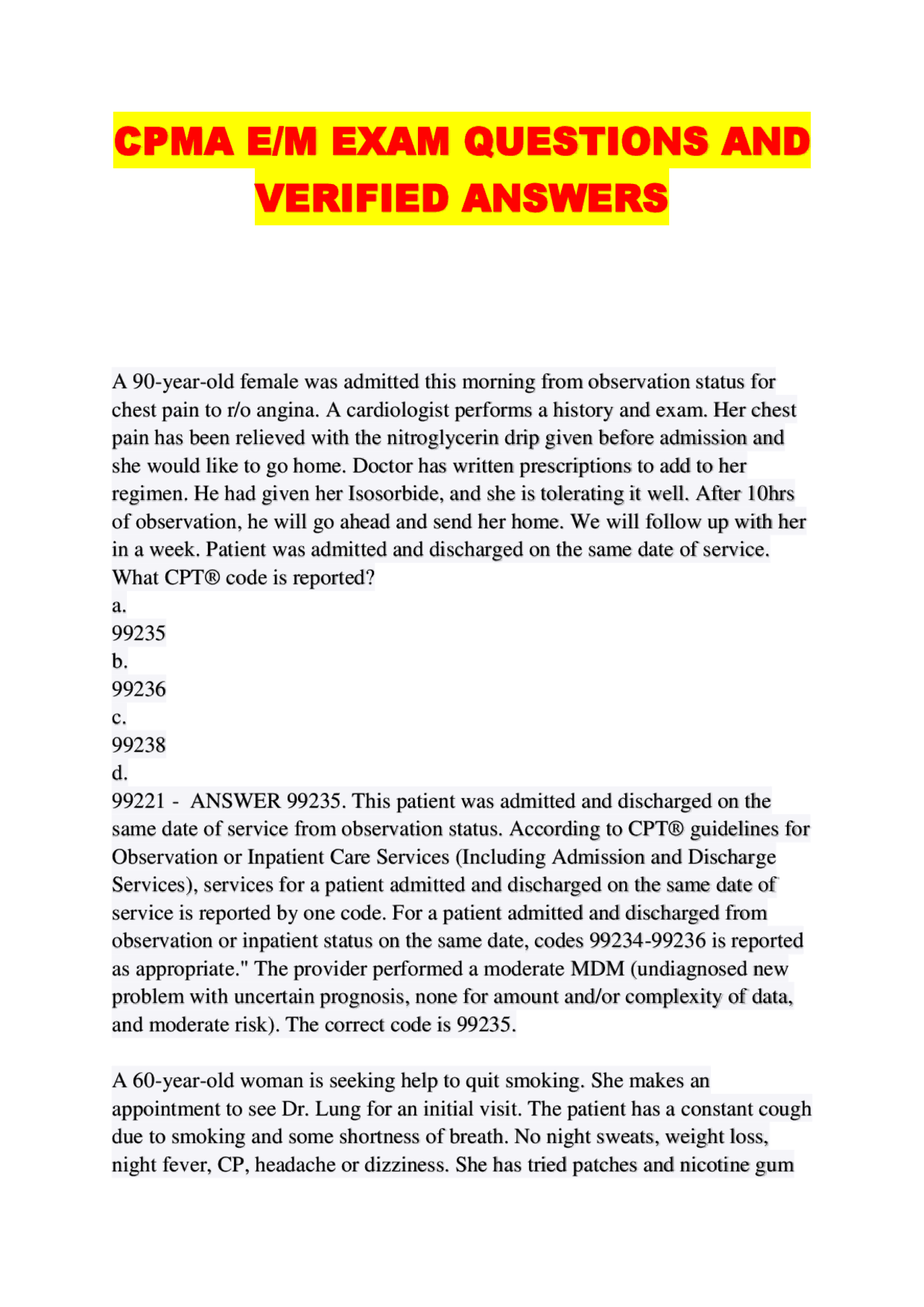 CPMA E-M EXAM QUESTIONS AND VERIFIED ANSWERS | Exams Advanced Education ...