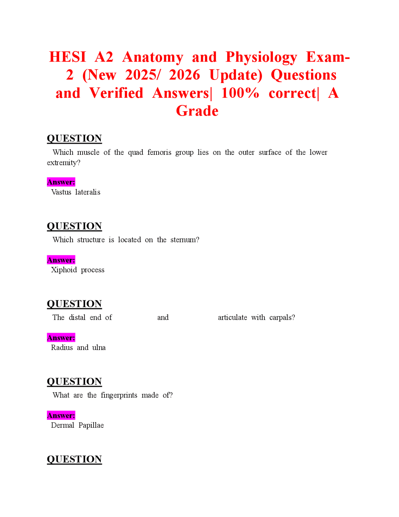 HESI A2 Anatomy and Physiology Exam V2 (New 2025/ 2026 Update) Verified ...
