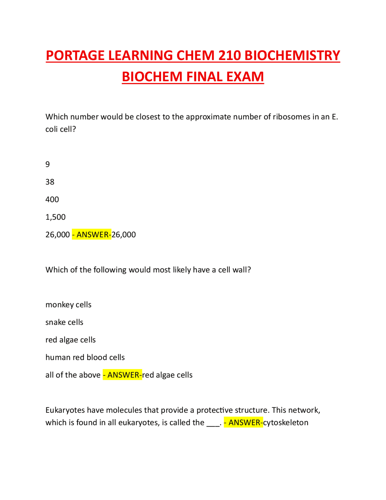 PORTAGE LEARNING CHEM 210 BIOCHEMISTRY BIOCHEM FINAL EXAM | Exams ...