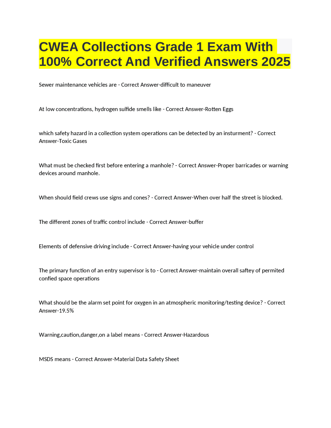 CWEA Collections Grade 1 Exam With 100% Correct And Verified Answers ...