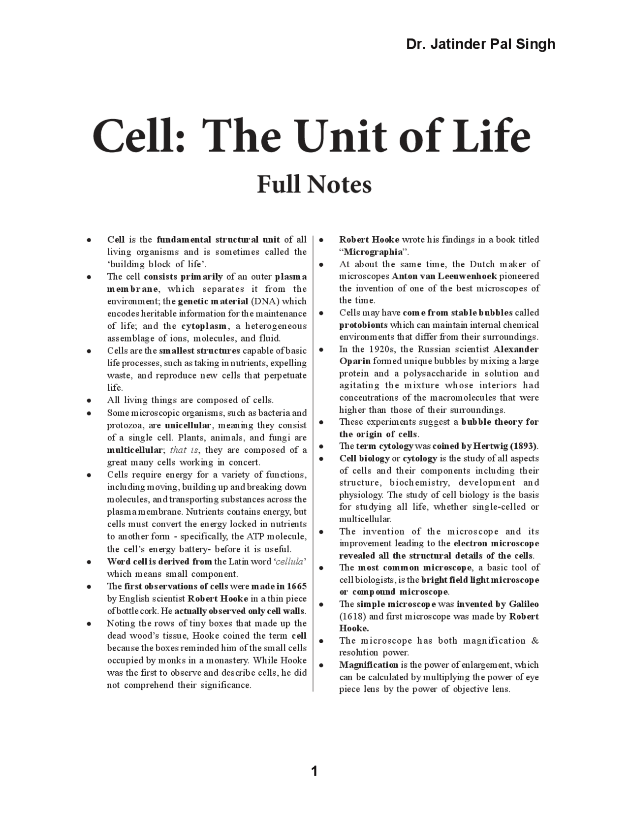 CELL - THE UNIT OF LIFE | Study notes Biology | Docsity