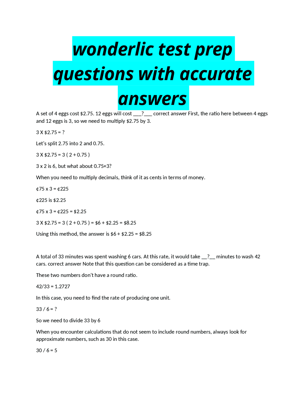 wonderlic test prep questions with accurate answers | Exams Mathematics ...