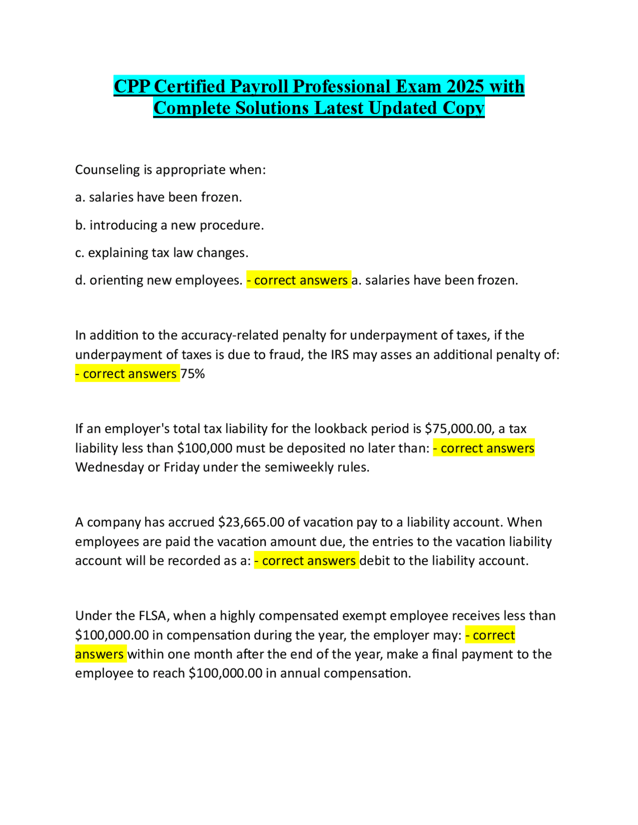 CPP Certified Payroll Professional Exam 2025 with Complete Solutions ...