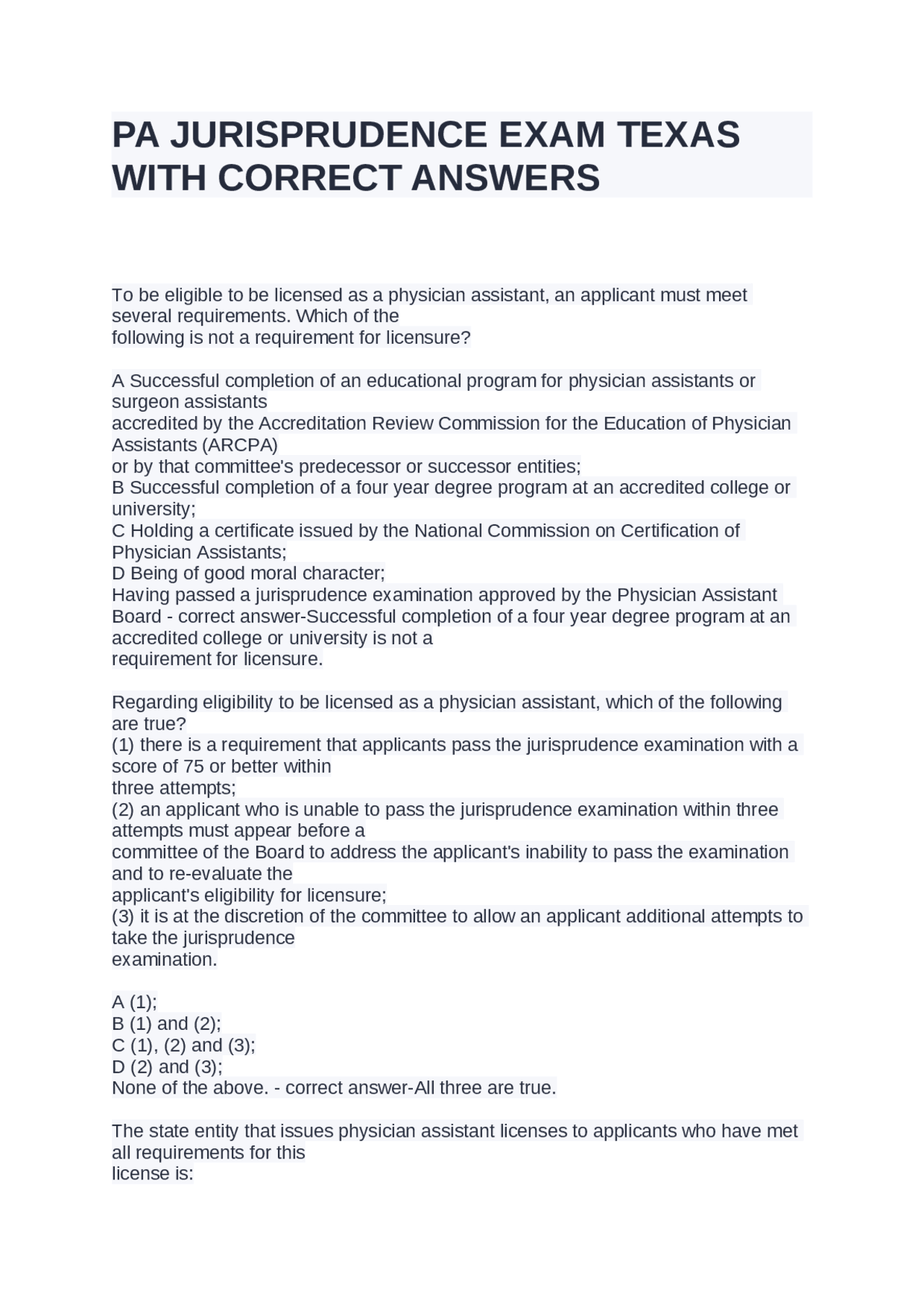 PA JURISPRUDENCE EXAM TEXAS WITH CORRECT ANSWERS. | Exams Advanced ...