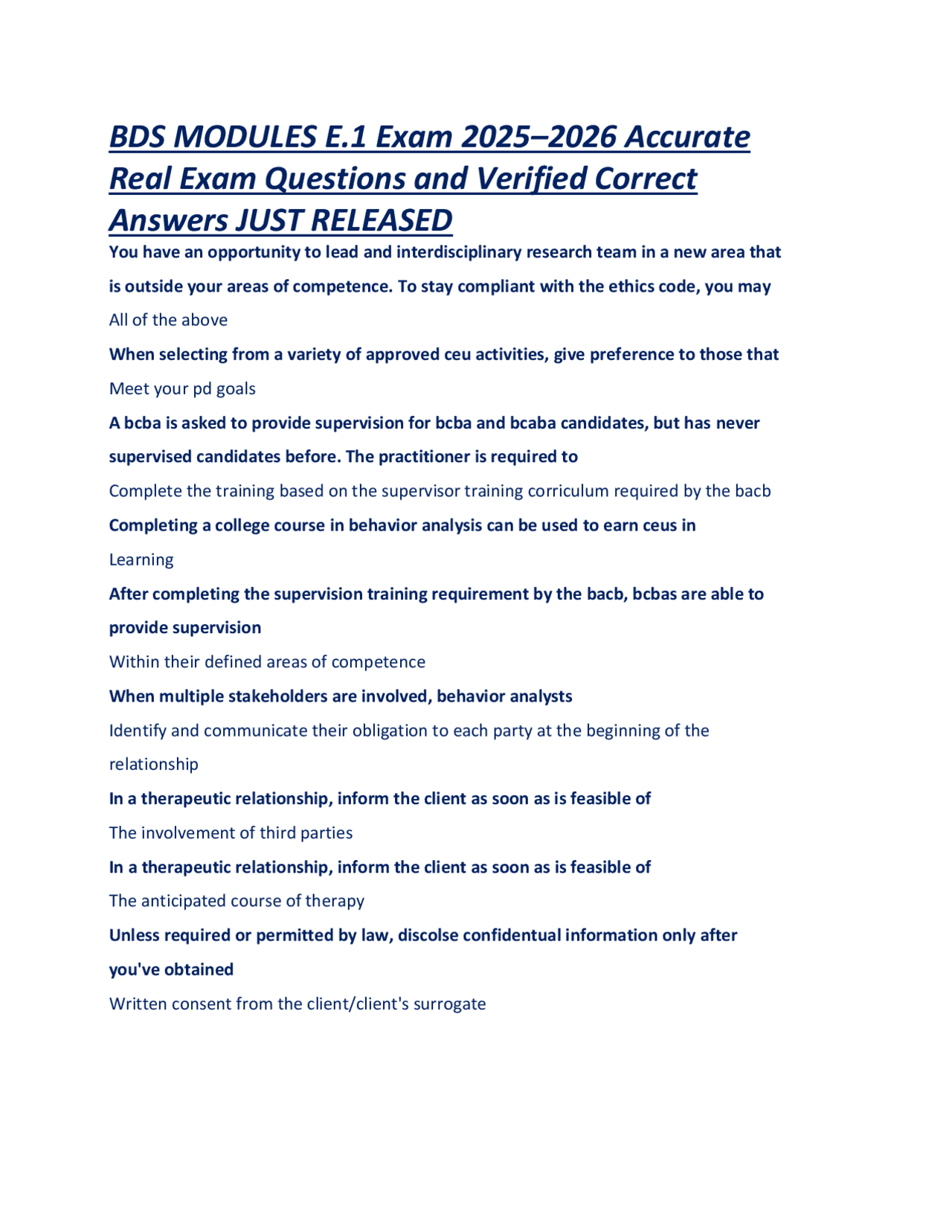 BDS Modules E.1 Exam 2025–2026 BCBA/ABA Ethics and Documentation ...