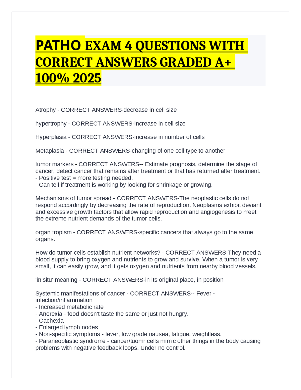 PATHO EXAM 4 QUESTIONS WITH CORRECT ANSWERS GRADED A+ 100% 2025 | Exams ...
