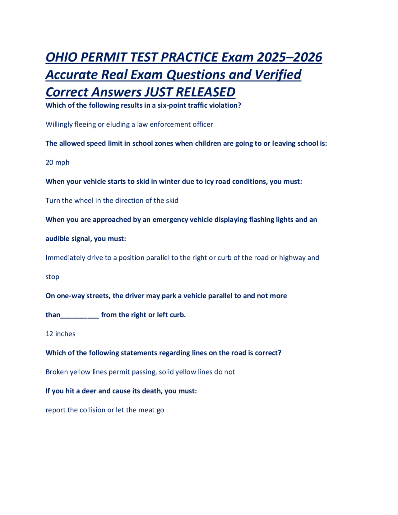 OHIO PERMIT TEST PRACTICE Exam 2025–2026 Accurate Real Exam Questions ...