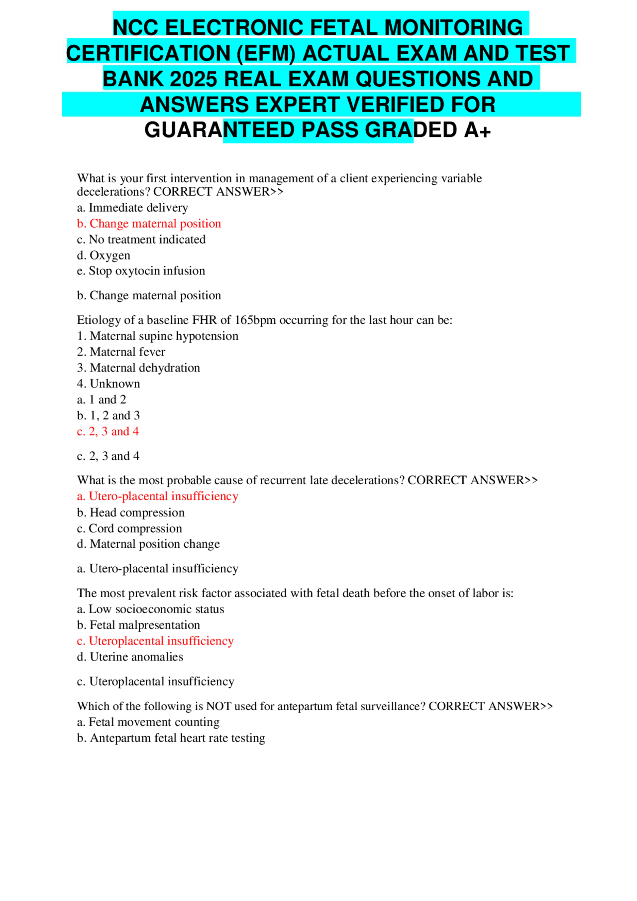 EFM Certification – NCC Electronic Fetal Monitoring Exam Q&A | Verified ...