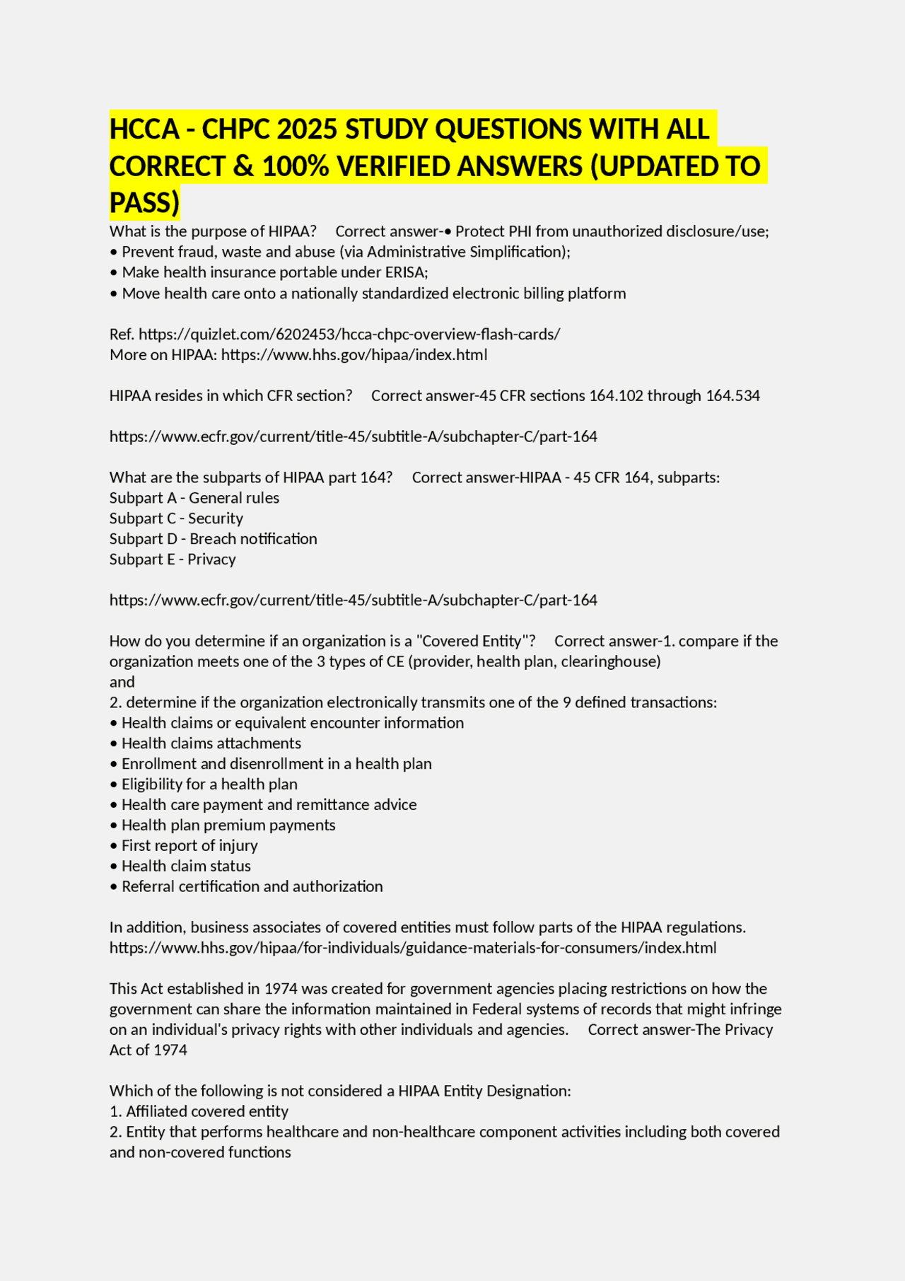 HCCA - CHPC 2025 STUDY QUESTIONS WITH ALL CORRECT & 100% VERIFIED ...