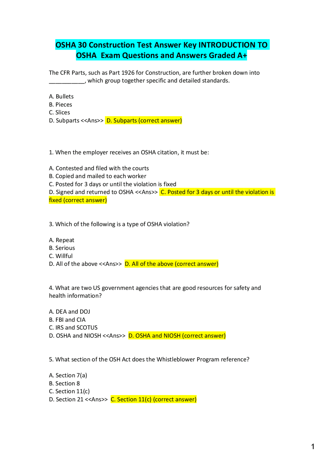 OSHA 30 Construction Test Answer Key INTRODUCTION TO OSHA Exam ...