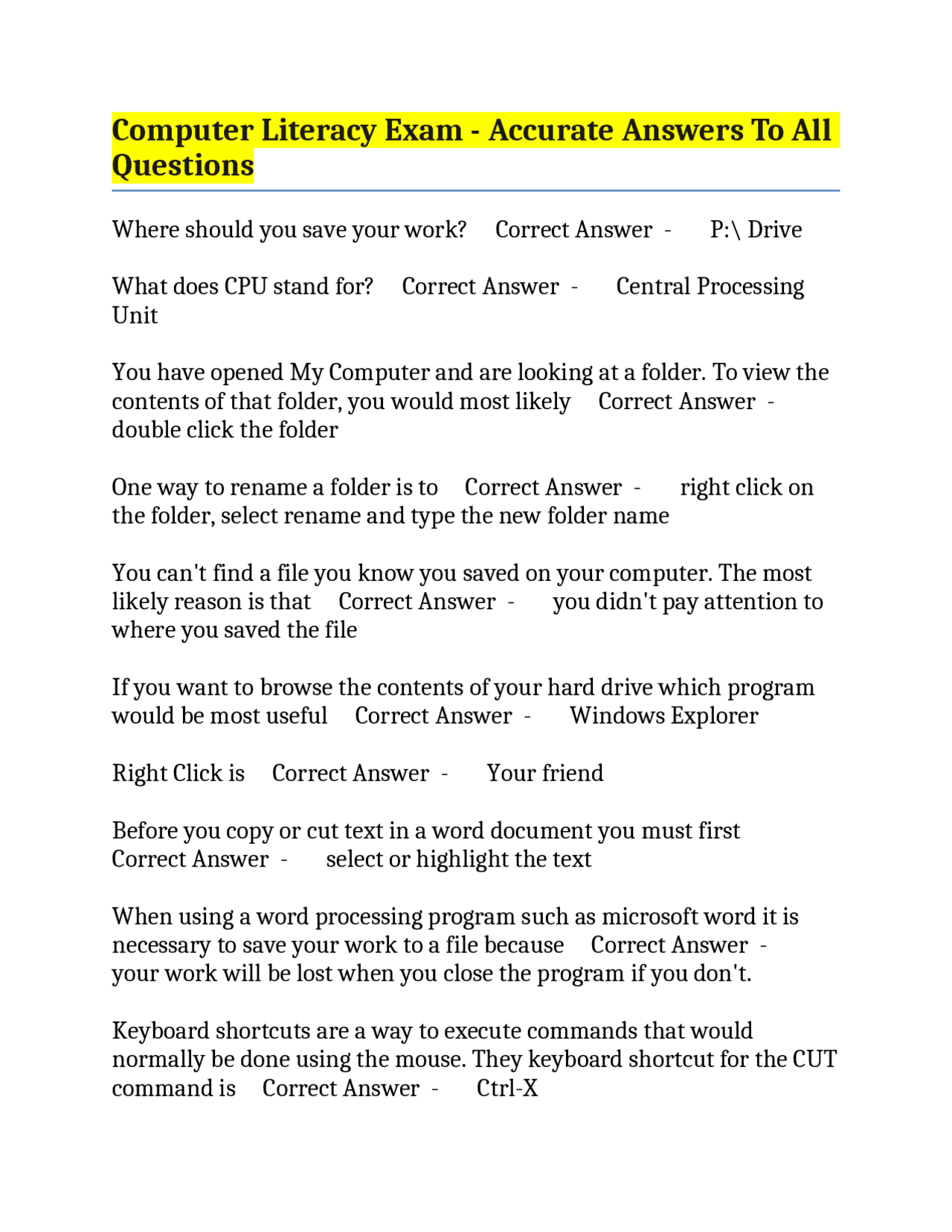 Computer Literacy Exam: Test Your Knowledge | Exams Nursing | Docsity