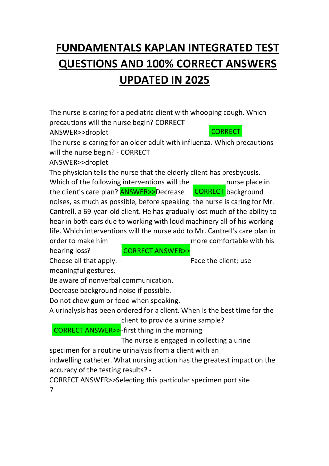 FUNDAMENTALS KAPLAN INTEGRATED TEST QUESTIONS AND 100% CORRECT ANSWERS ...