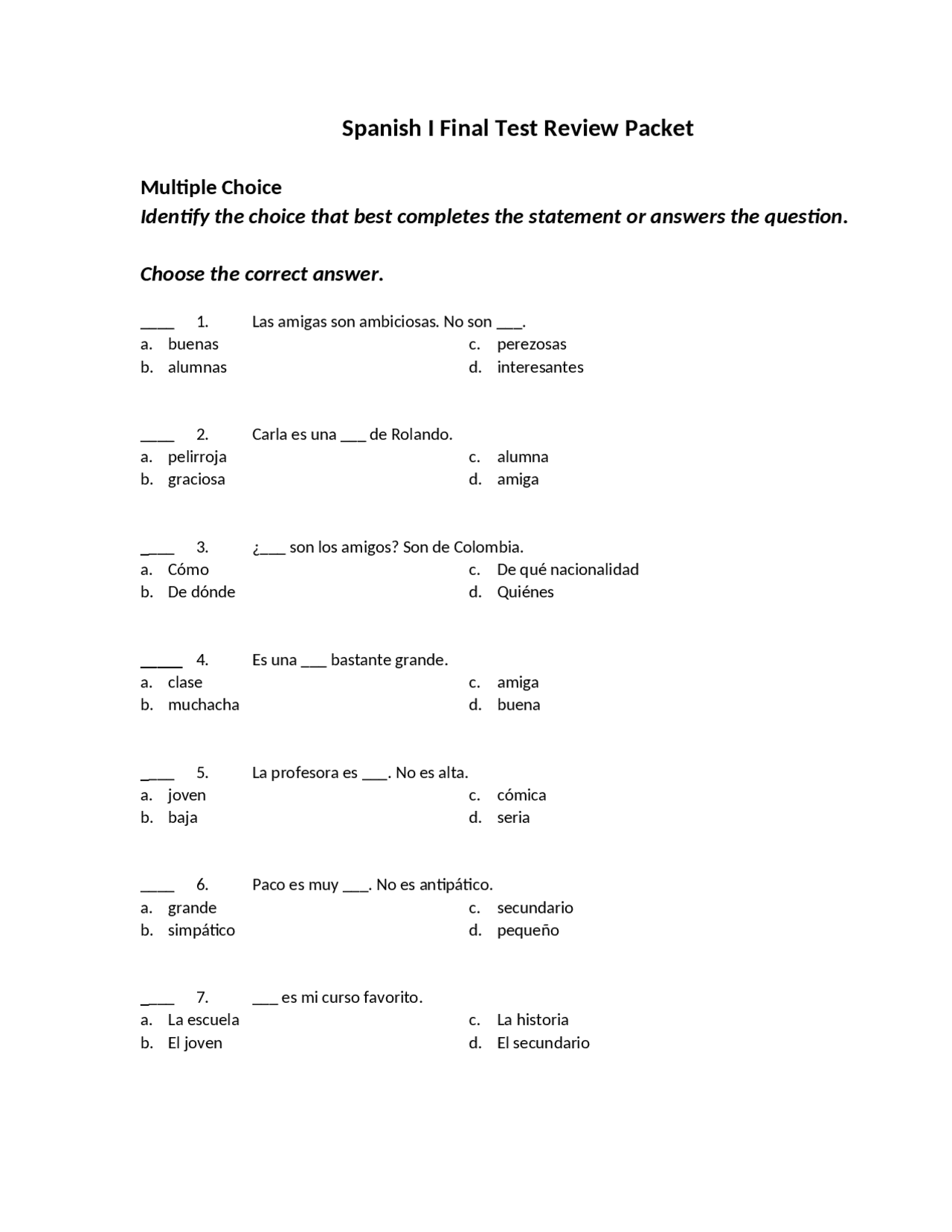 Spanish 1 Review Sheet | Study Guides, Projects, Research Spanish | Docsity