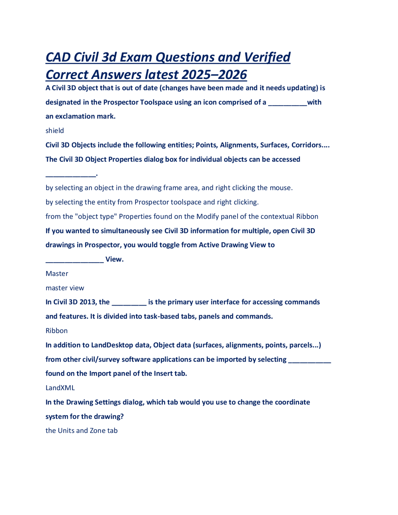 CAD Civil 3d Exam Questions and Verified Correct Answers latest 2025 ...