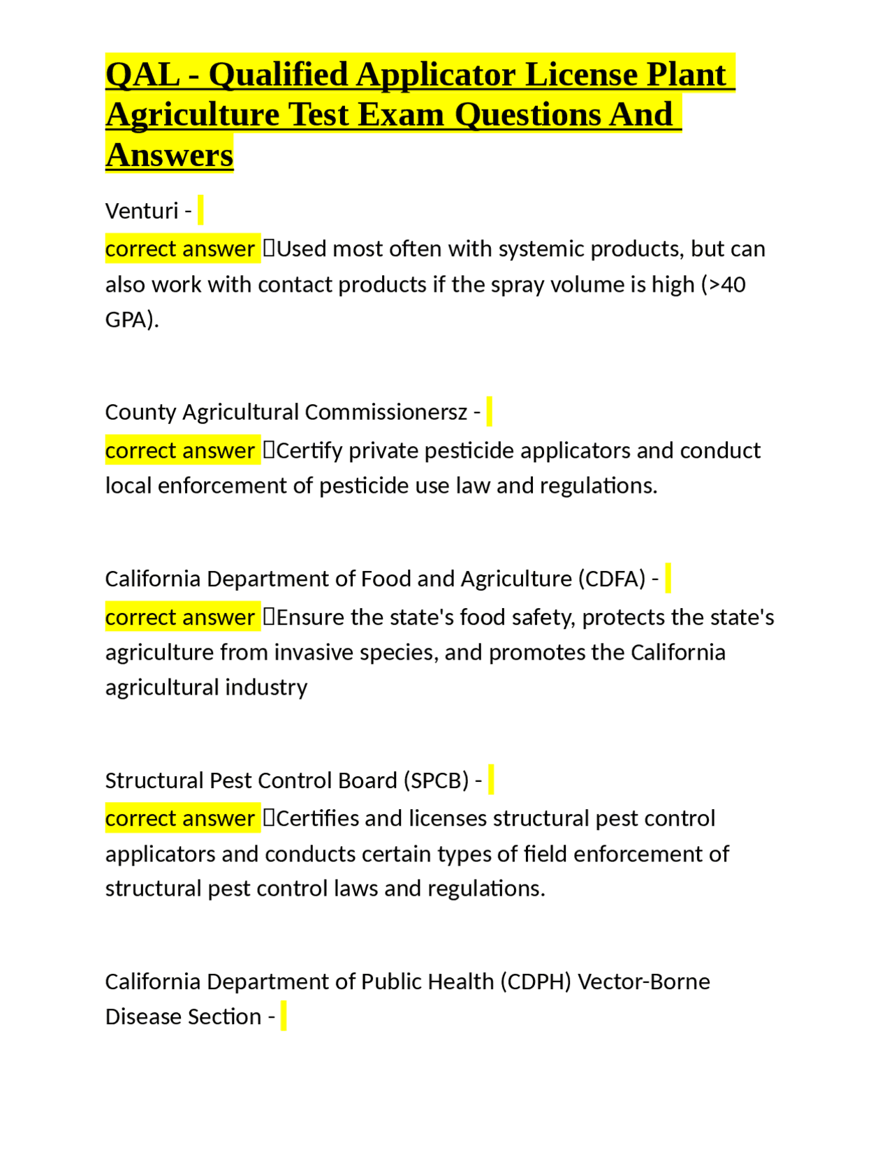 QAL - Qualified Applicator License Plant Agriculture Test Exam ...
