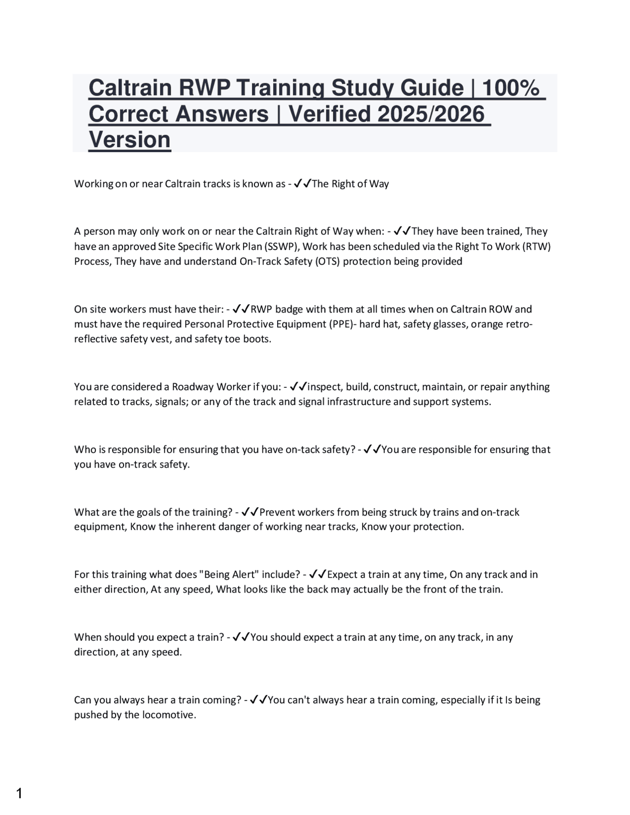 Caltrain Right of Way Worker (RWP) Training Study Guide | Exams ...