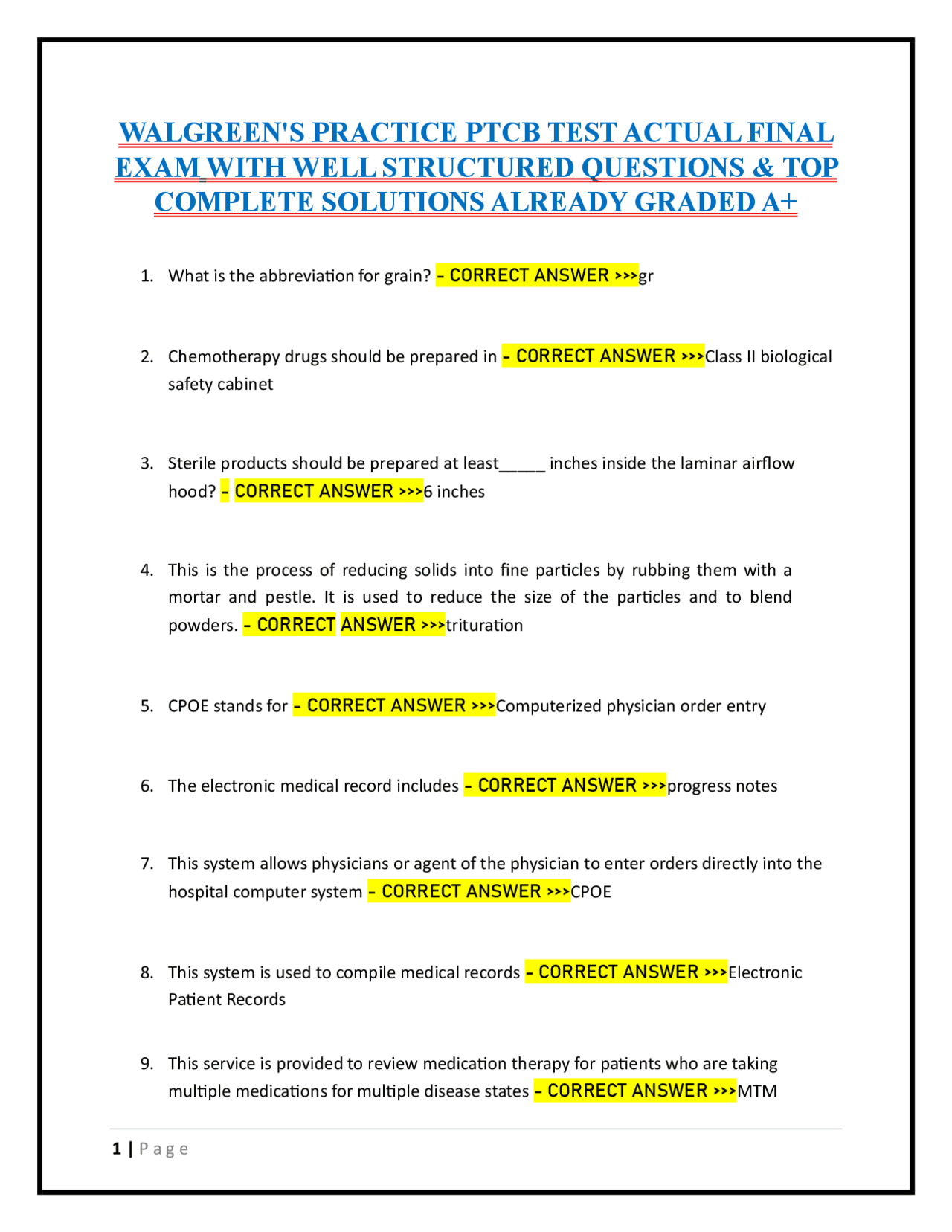 WALGREEN'S PRACTICE PTCB TEST ACTUAL FINAL EXAM WITH WELL STRUCTURED ...