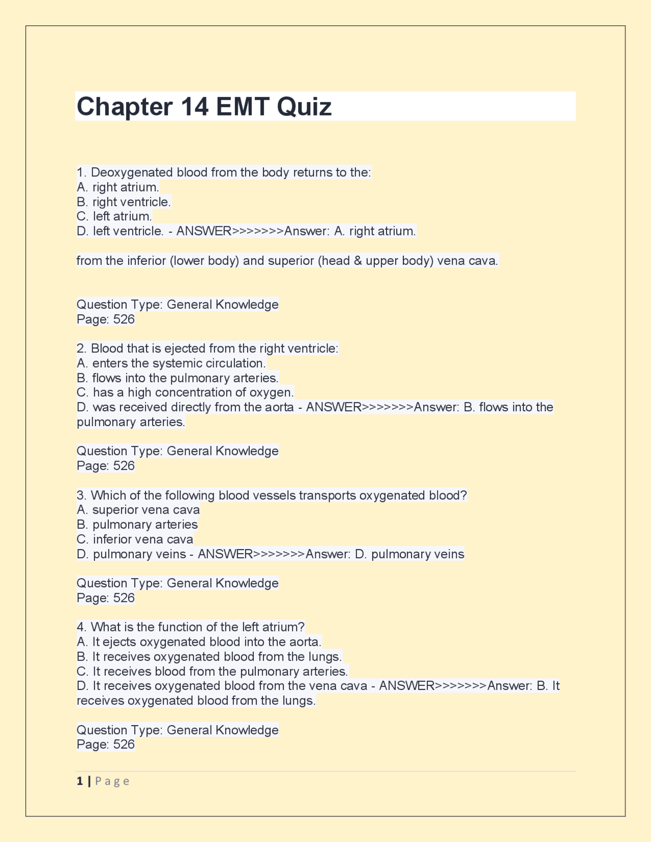 Chapter 14 EMT Quiz WITH CORRECT ANSWERS | Exercises Medicine | Docsity