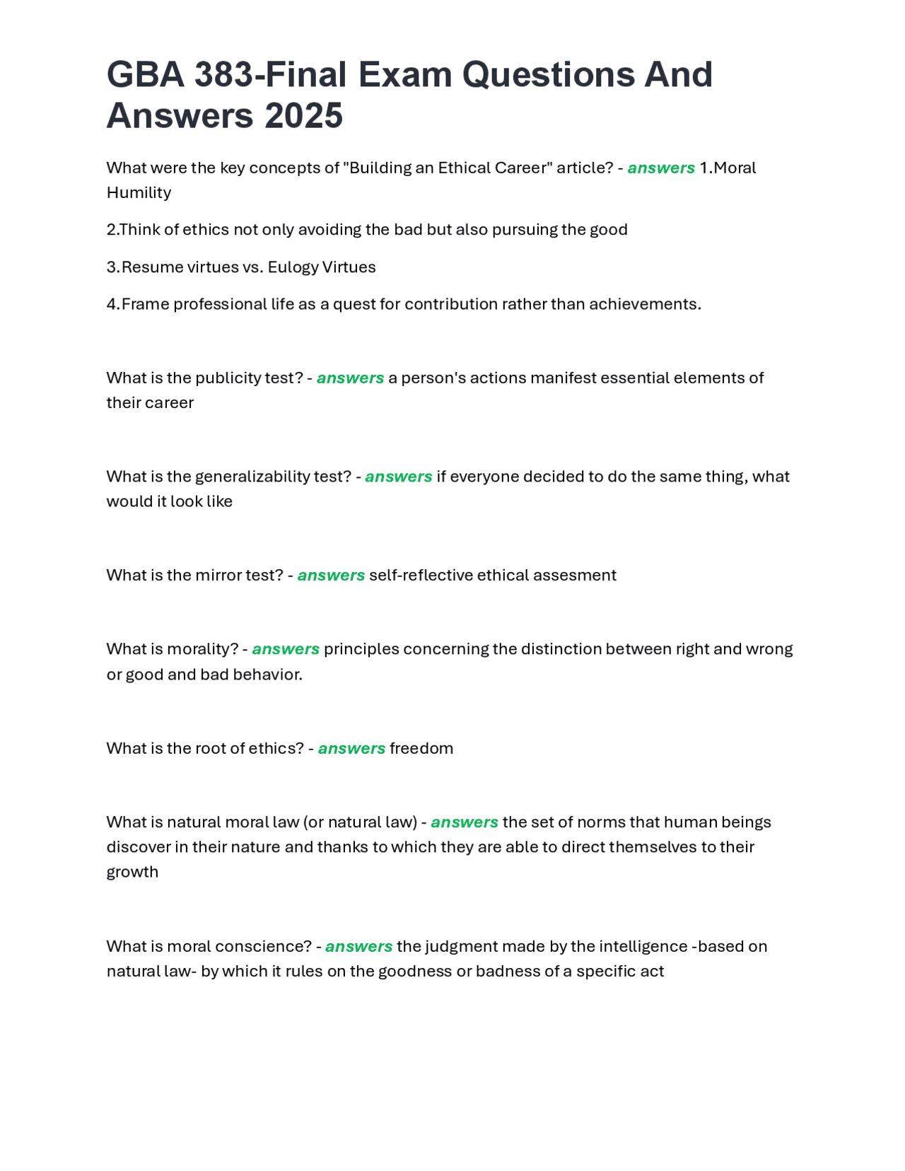 GBA 383-Final Exam Questions And Answers 2025 | Exams Ethics | Docsity