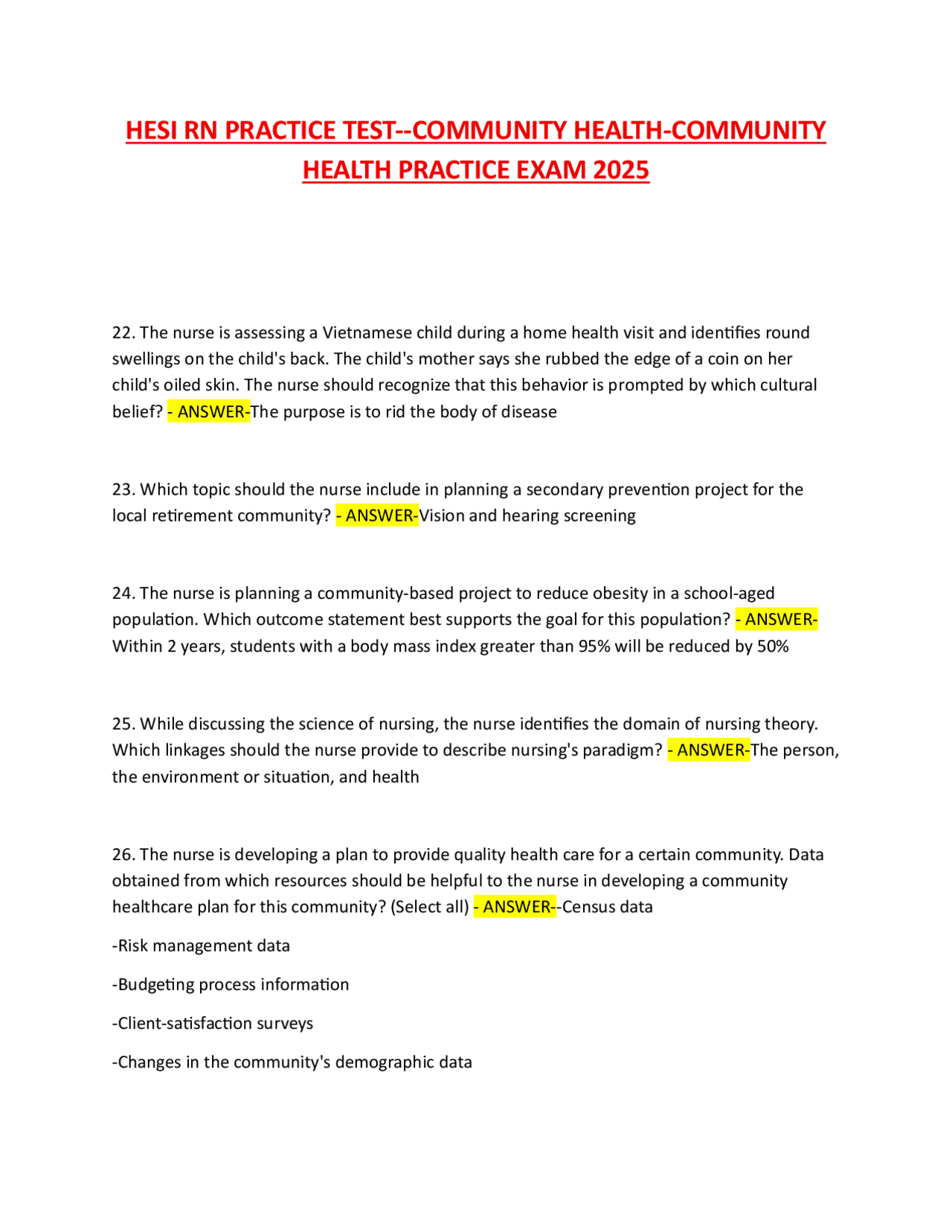 HESI RN PRACTICE TEST--COMMUNITY HEALTH-COMMUNITY HEALTH PRACTICE EXAM ...