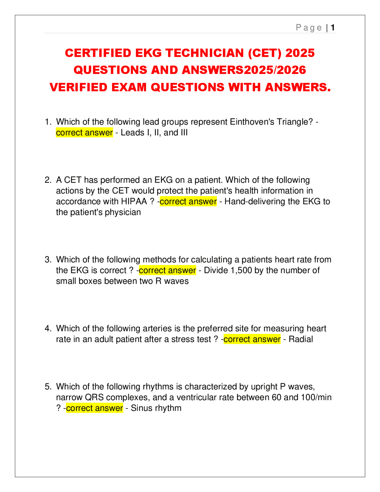 CET Exam Prep: EKG Technician Questions and Answers 2025/2026 | Exams ...