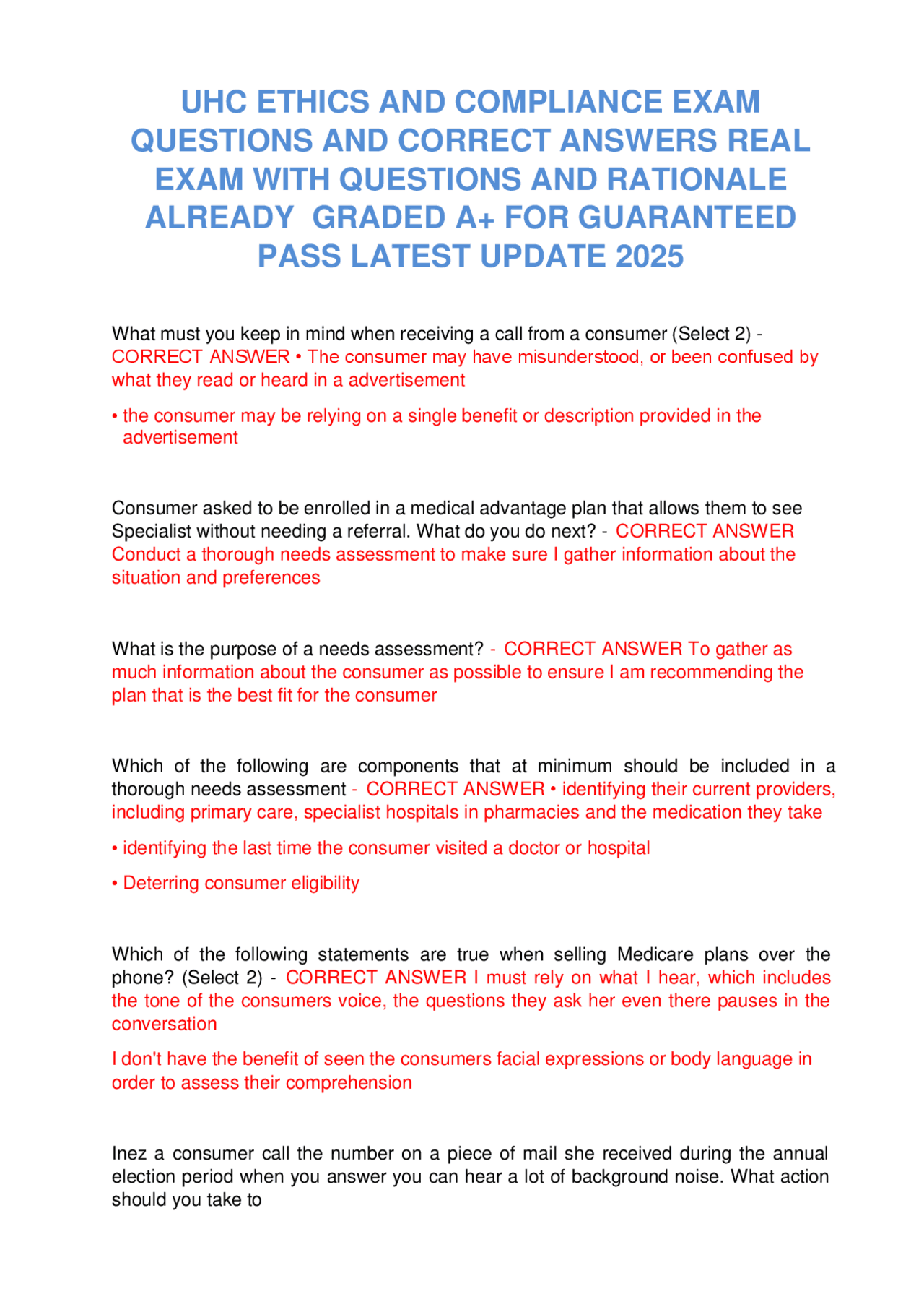 UHC ETHICS AND COMPLIANCE EXAM QUESTIONS AND CORRECT ANSWERS REAL EXAM ...