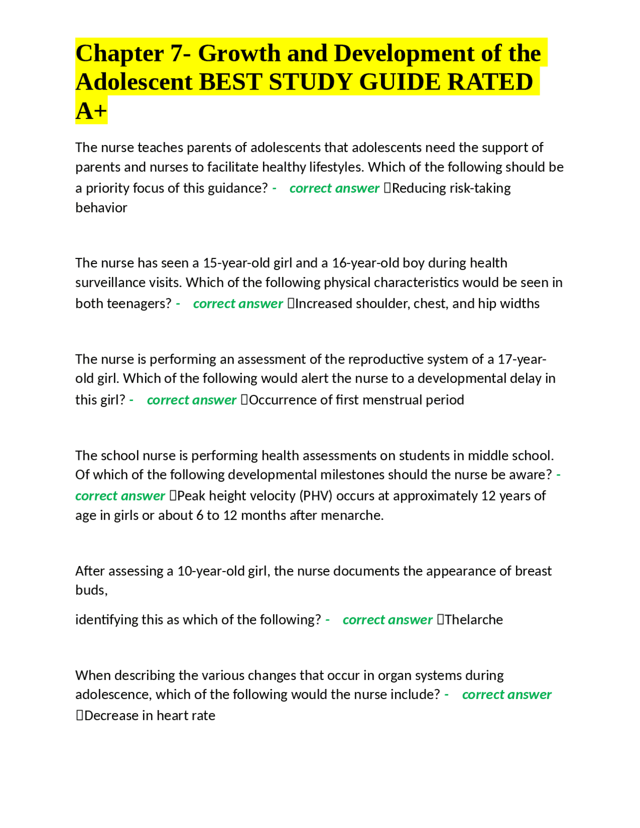 Chapter 7- Growth and Development of the Adolescent BEST STUDY GUIDE RATED A+ | Exams Nursing ...