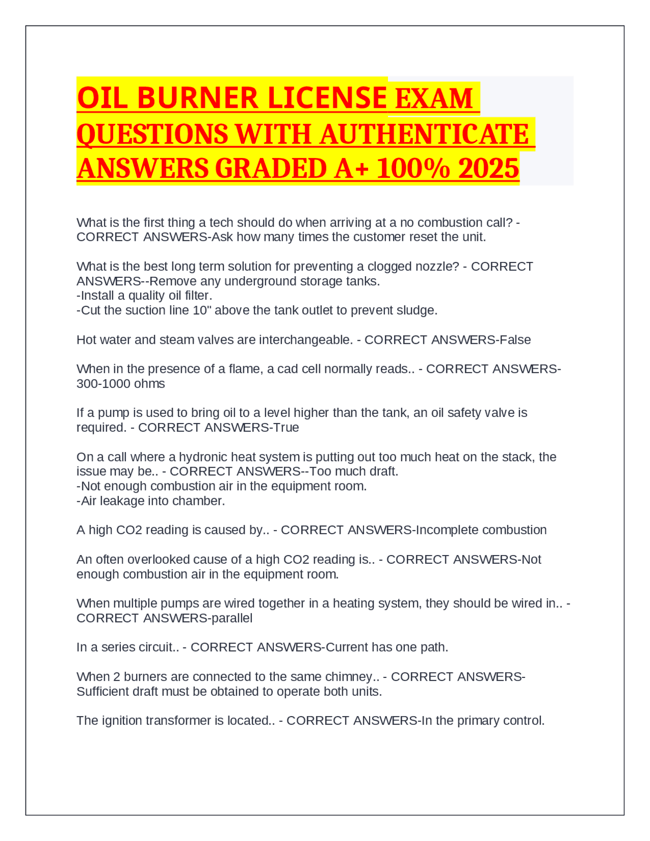 OIL BURNER LICENSE EXAM QUESTIONS WITH AUTHENTICATE ANSWERS GRADED A+ ...