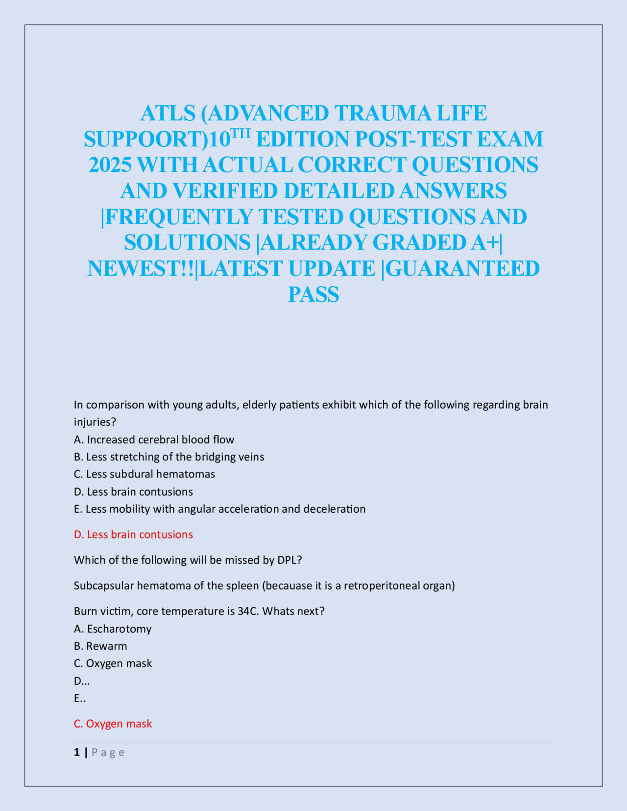 ATLS (ADVANCED TRAUMA LIFE SUPPOORT)10TH EDITION POST-TEST EXAM | Exams ...